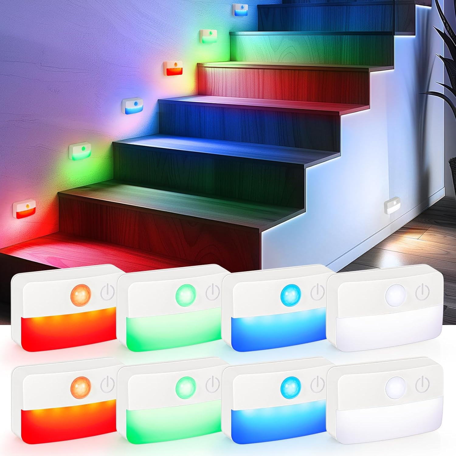 8 Motion Sensor Stair Lights for Indoor, Operated Night Light ...