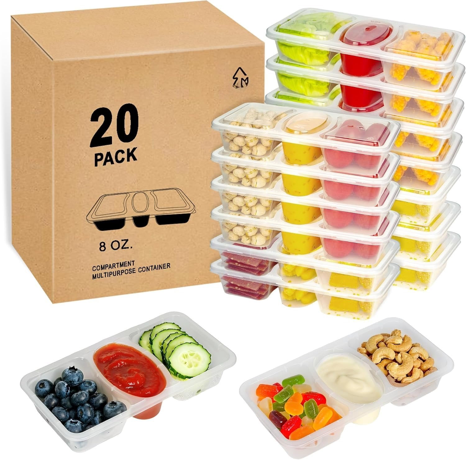8 OZ Snack Containers with , 3 Compartment Condiment Snack Pack ...