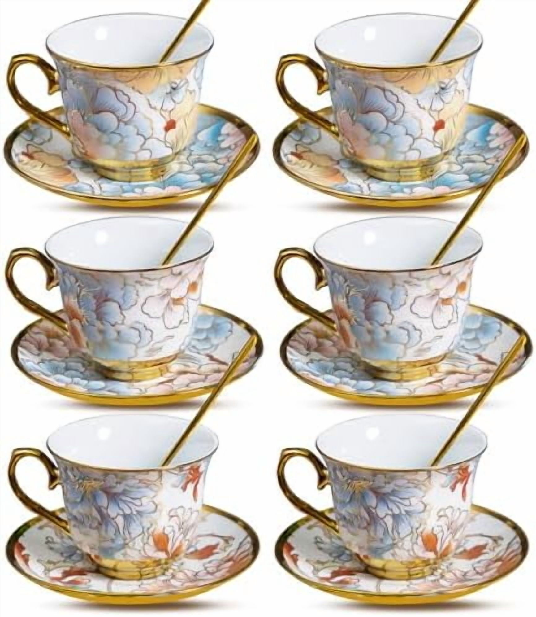 8 OZ Tea Cups and Saucers, 18 PCS Ceramic Vintage Tea Cups Set of 6 ...