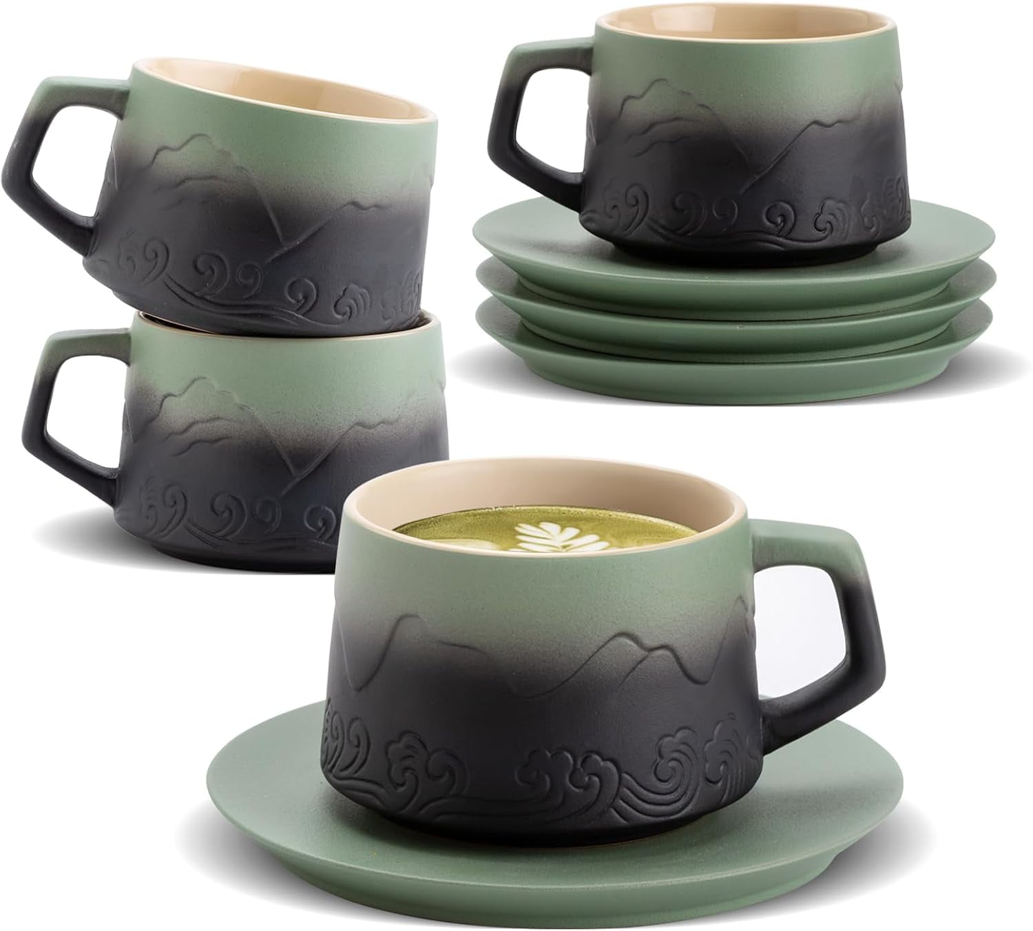 8 Ounce Cappuccino Cups Set of 4, Embossed Artistic Mug With Saucers ...