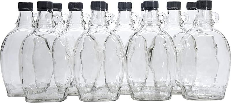 8 Ounce Glass Maple Syrup Bottles with Loop Handle & Black Plastic ...