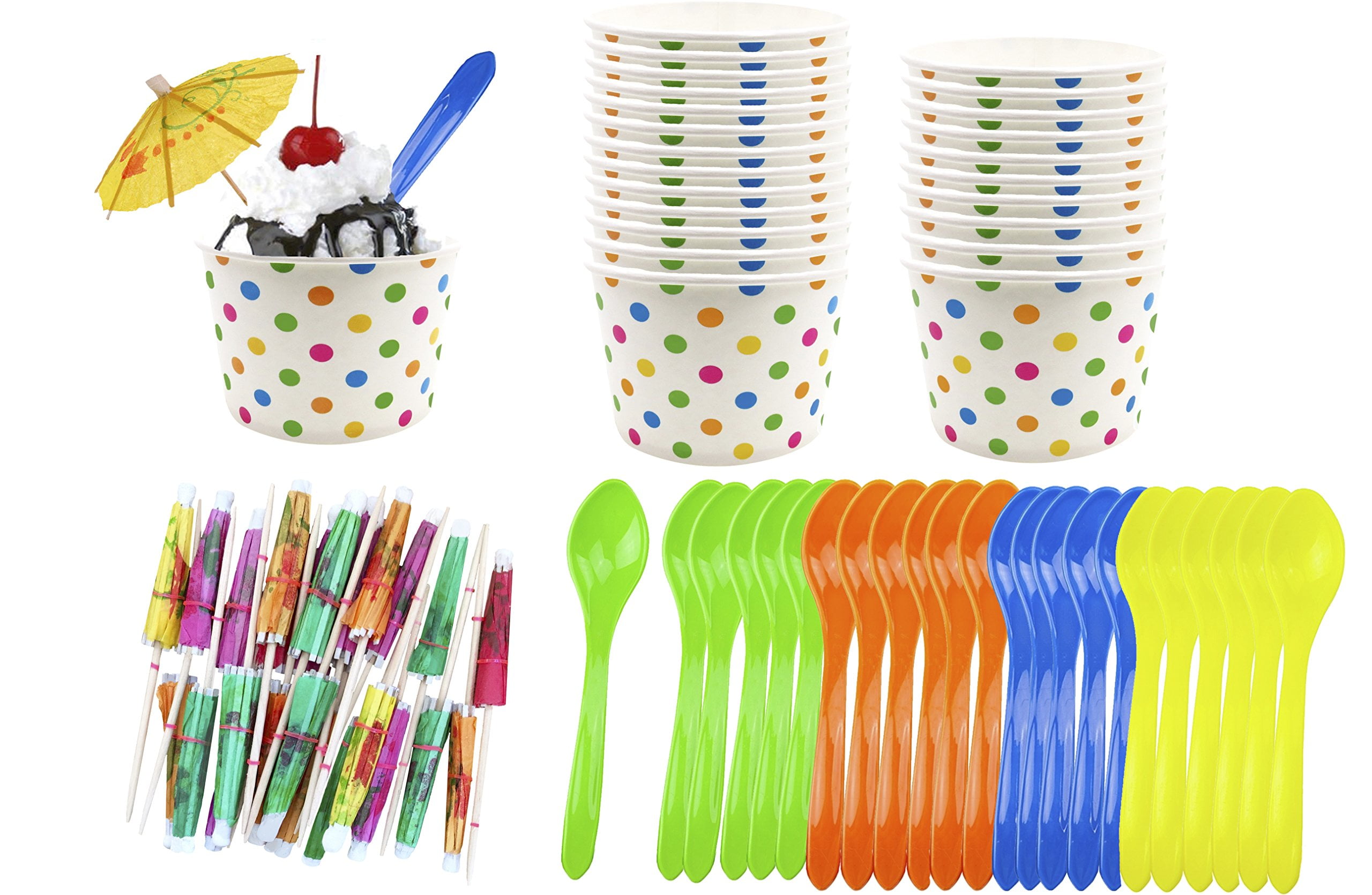 8 Ounce Polka Dot TSF6 Paper Ice Cream Cups - Plastic Spoons - Paper Umbrellas - Blue Orange ...