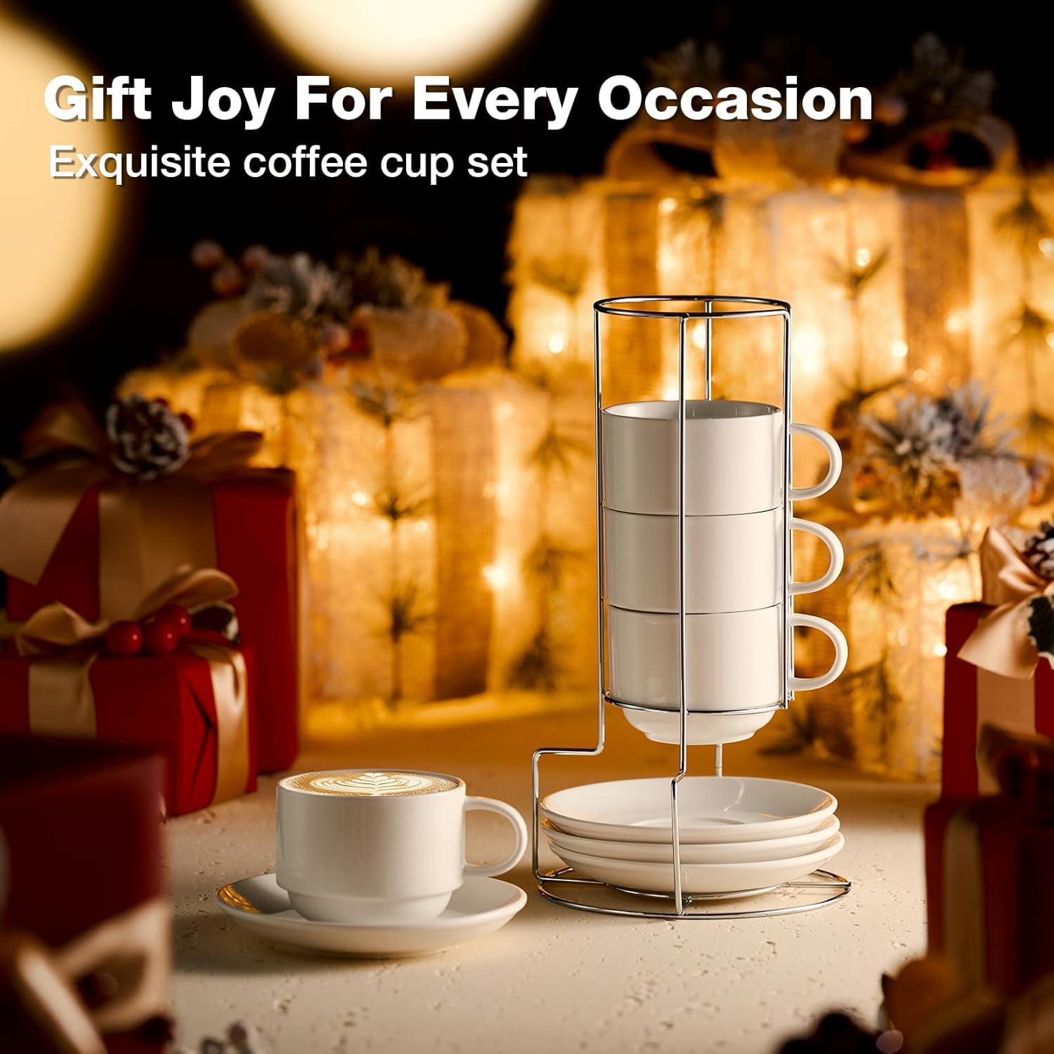 8 Ounce Porcelain Cappuccino Cups with Saucers and Metal Stand ...