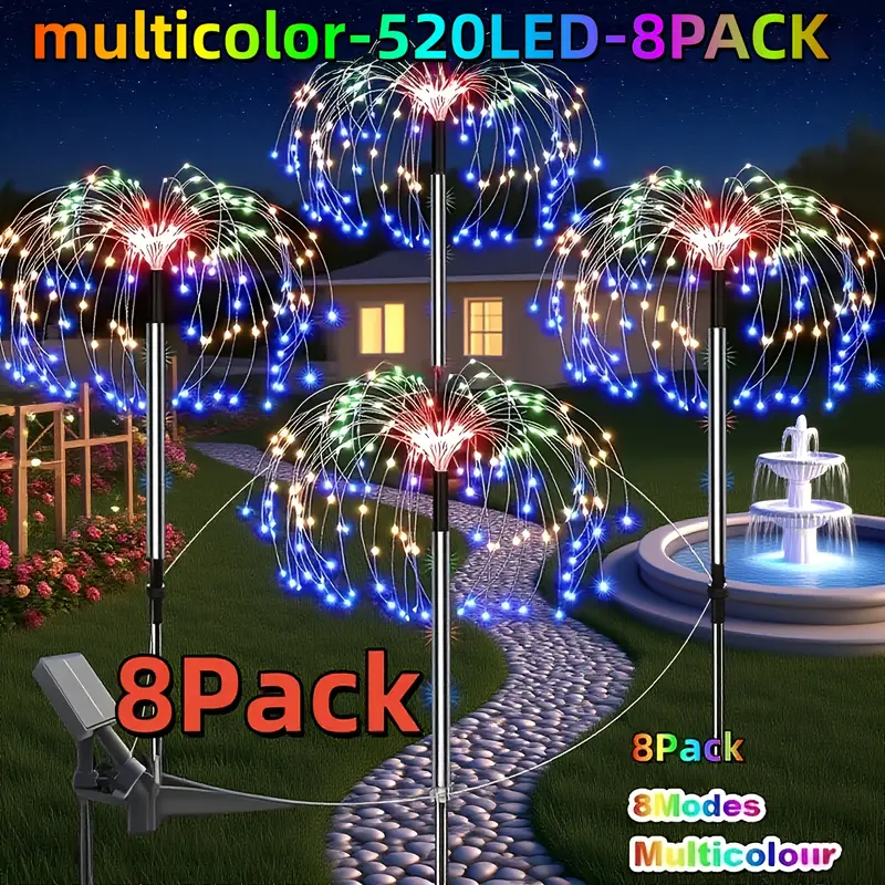 8 Outdoor Solar Powered Fireworks Lights, 520 Multi-color Outdoor Lawn ...