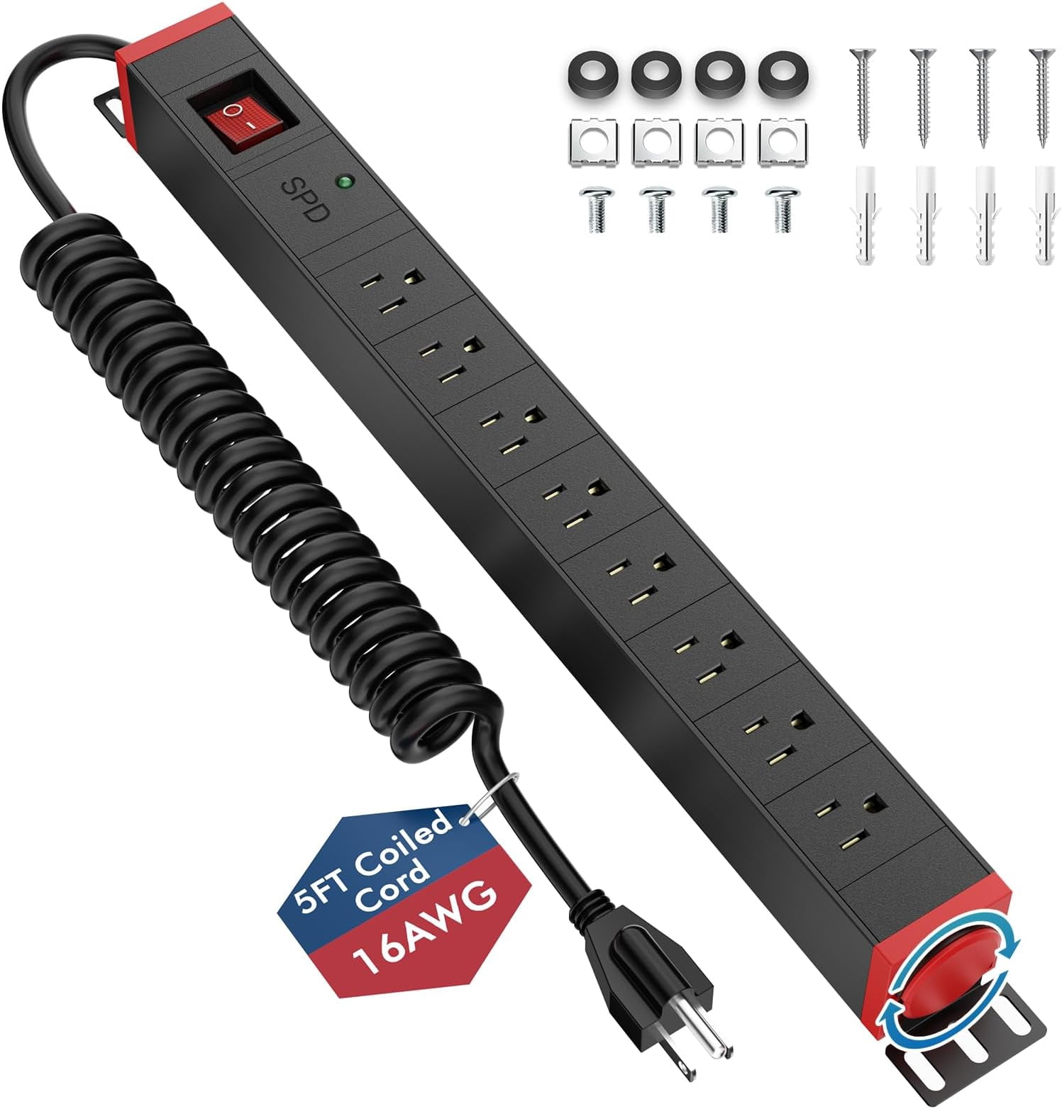 8 Outlet Rack Mount PDU Power Strip, SPD, 1200J Surge Protection & 15A ...