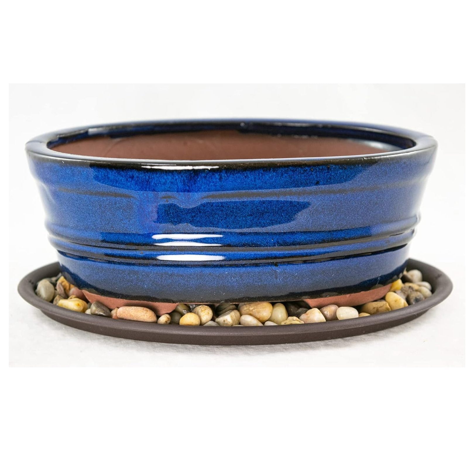 8" Oval Dark Blue Bonsai/Cactus & Succulent Pot + Tray + Rock + Mesh ...
