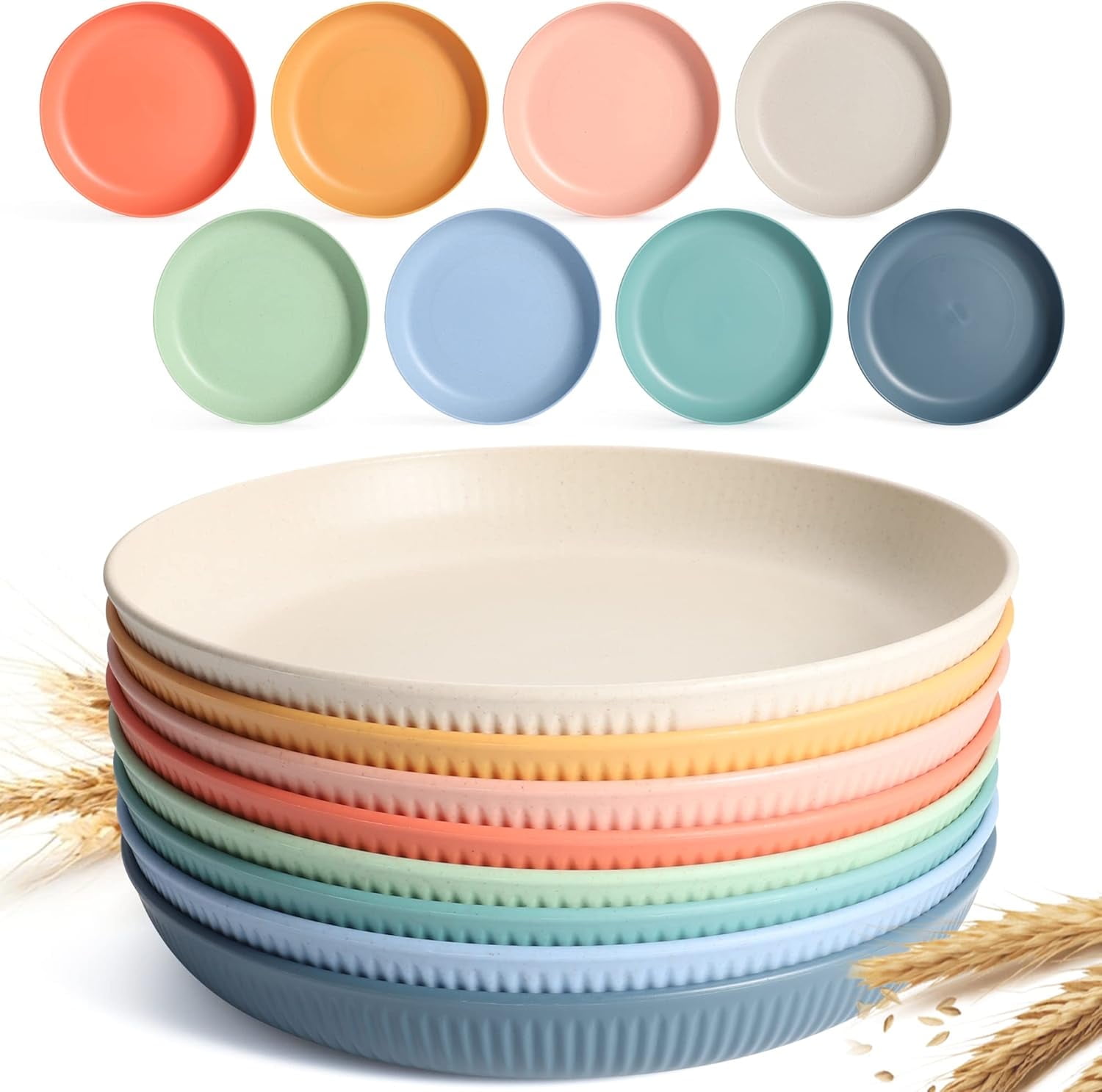 8 PACK 9 Inches Lightweight Wheat Straw Plates, Lightweight Unbreakable ...