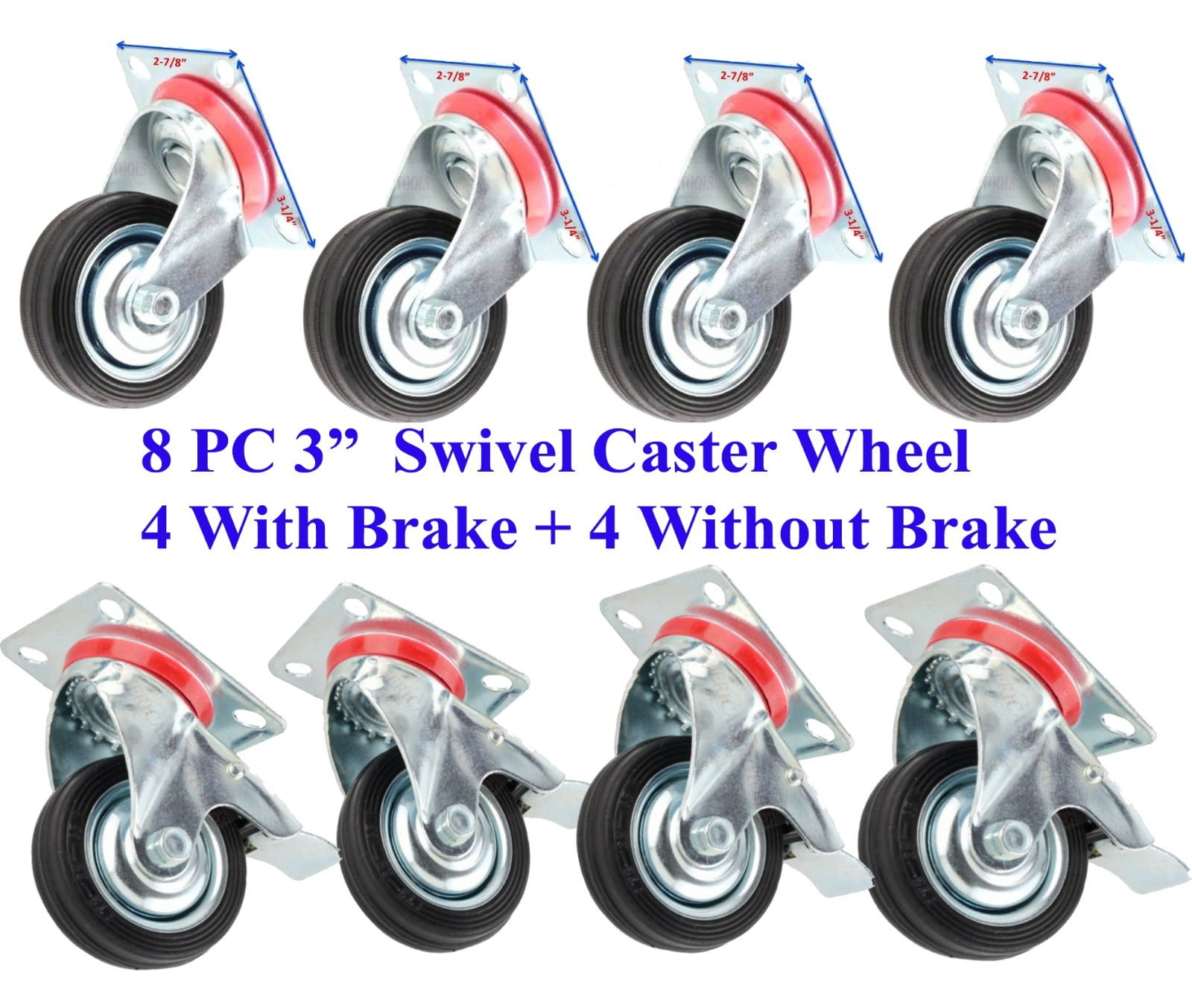 8 PC 3" Swivel Caster Wheel With Ball Bearings 4 PC With Brake + 4 PC ...