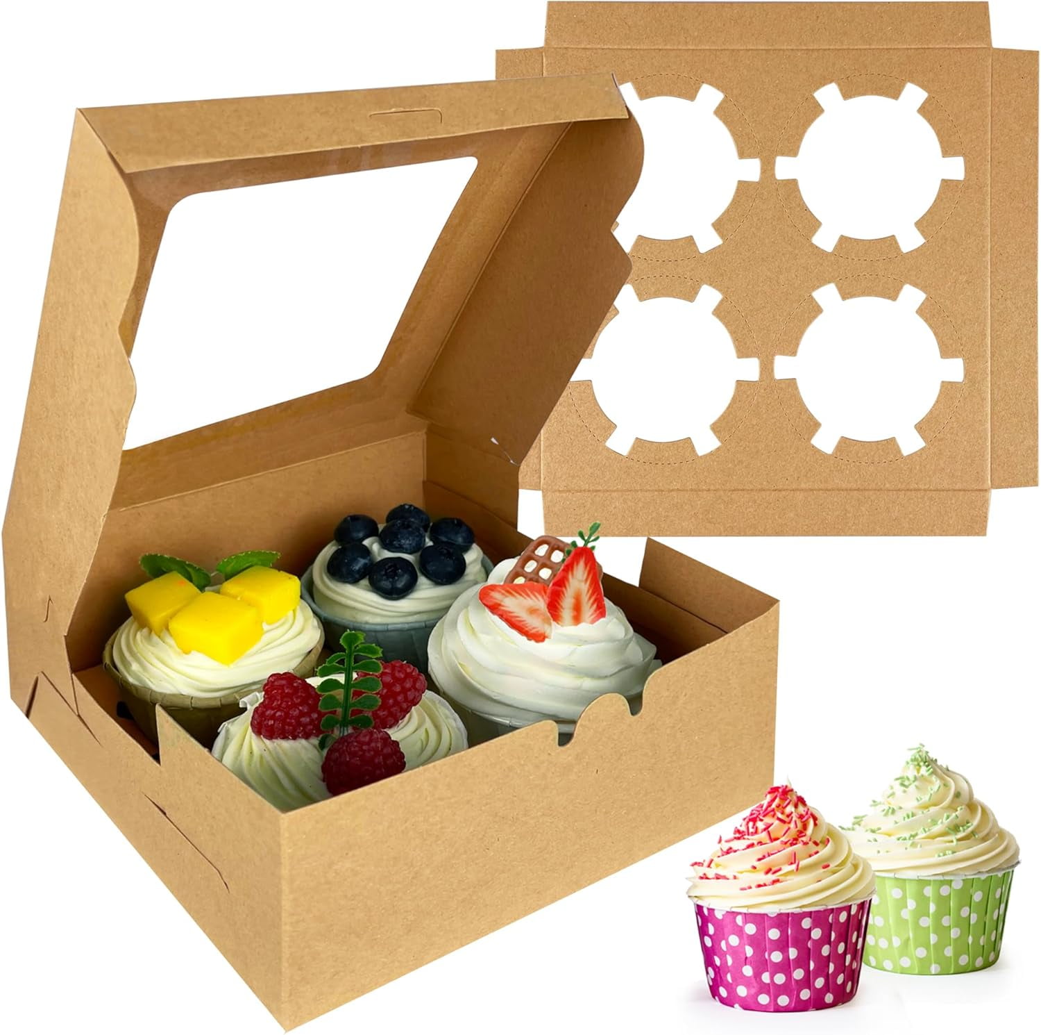 8 PCS Brown Paper Cupcake Boxes with 4 Cavity Cookie Gift Boxes with ...