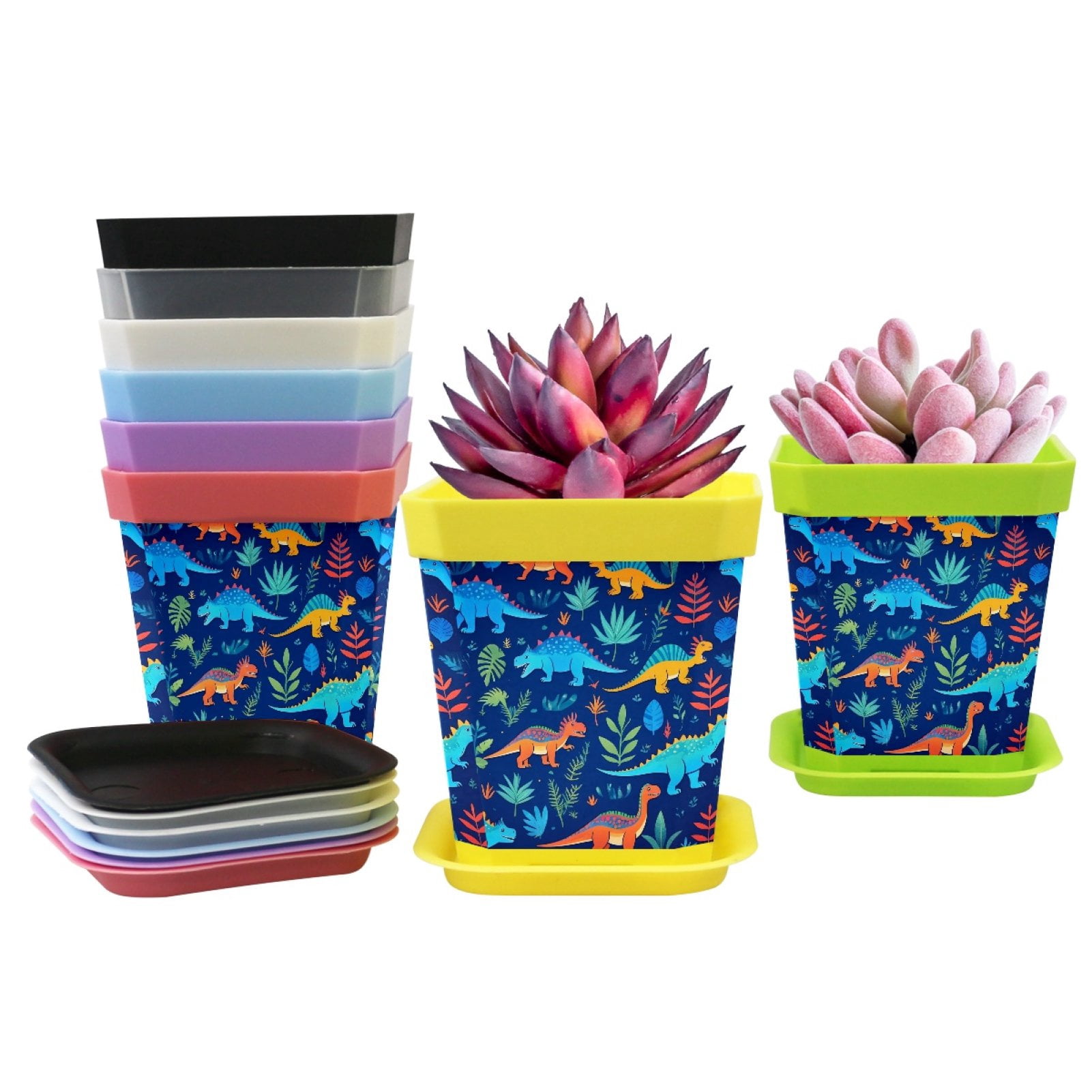 8 Pcs Decorative Flower Pots,Cartoon Leaf Dinosaur Small Plastic Plant ...