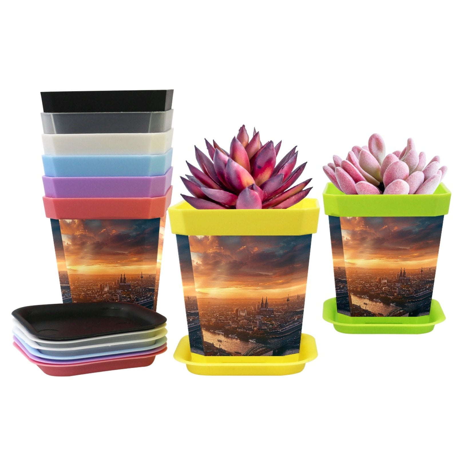 8 Pcs Decorative Flower Pots,City Landscape Sunset Small Plastic Plant ...