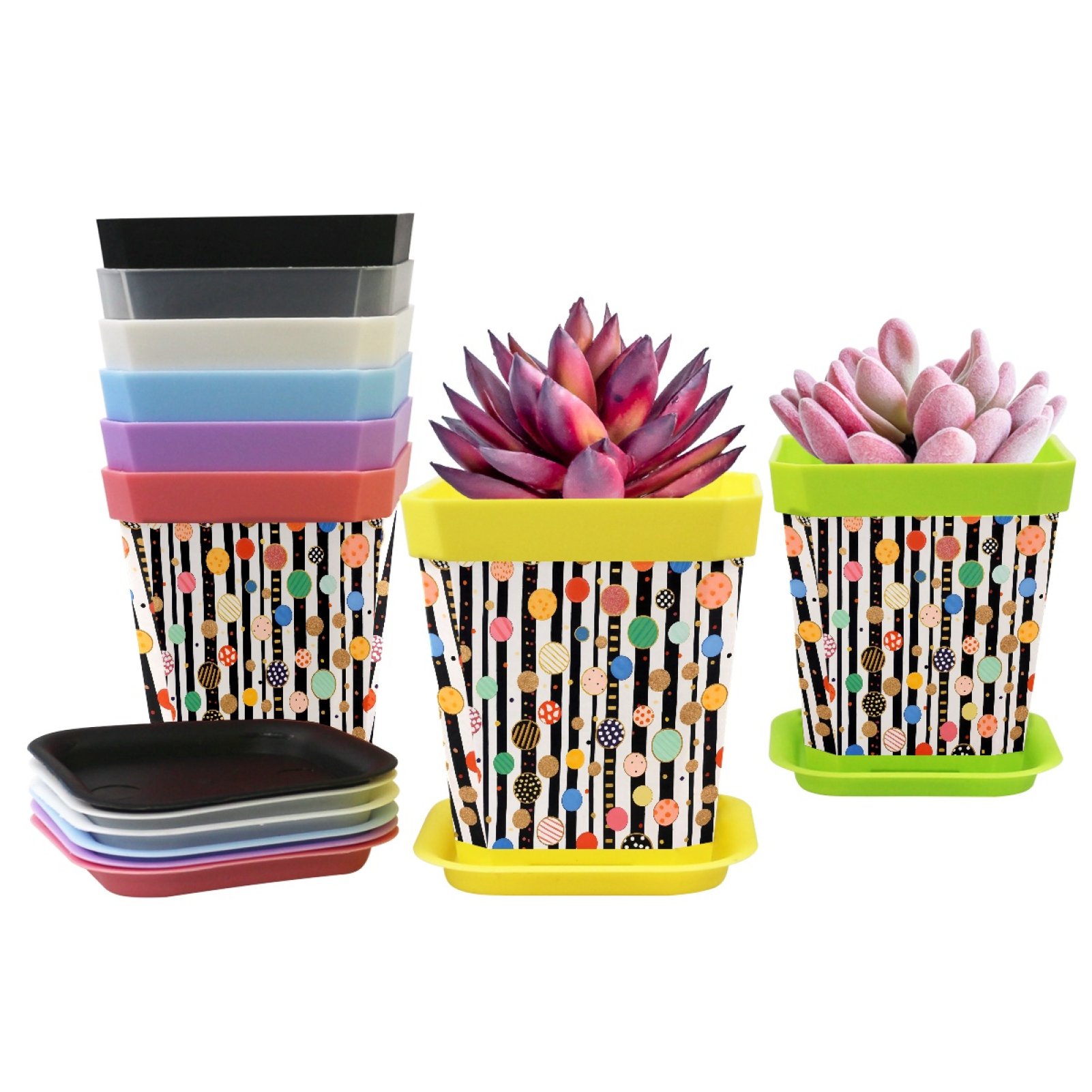 8 Pcs Decorative Flower Pots,Colorful Dot Stripe Small Plastic Plant ...