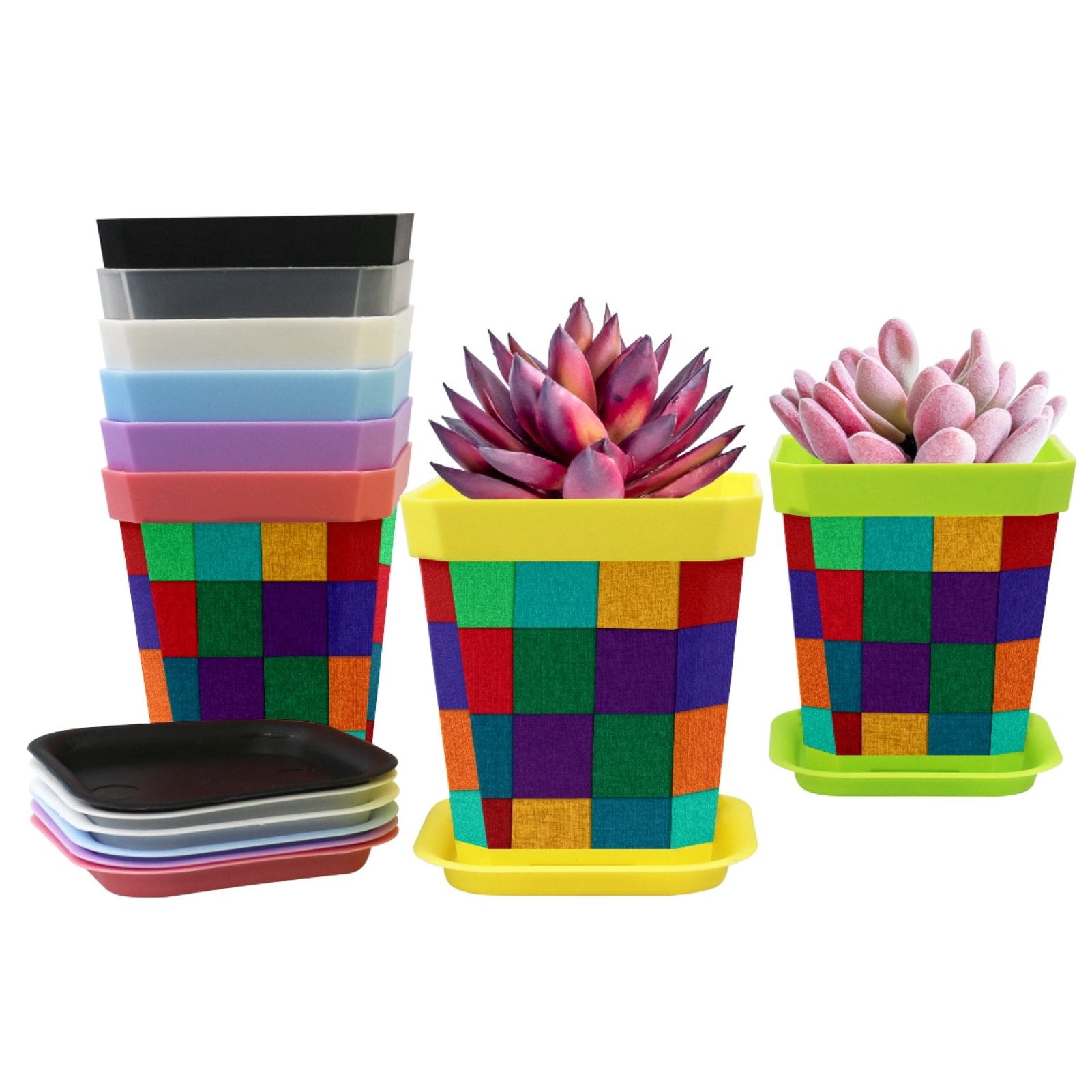 8 Pcs Decorative Flower Pots,Colorful Grid Small Plastic Plant Pots ...