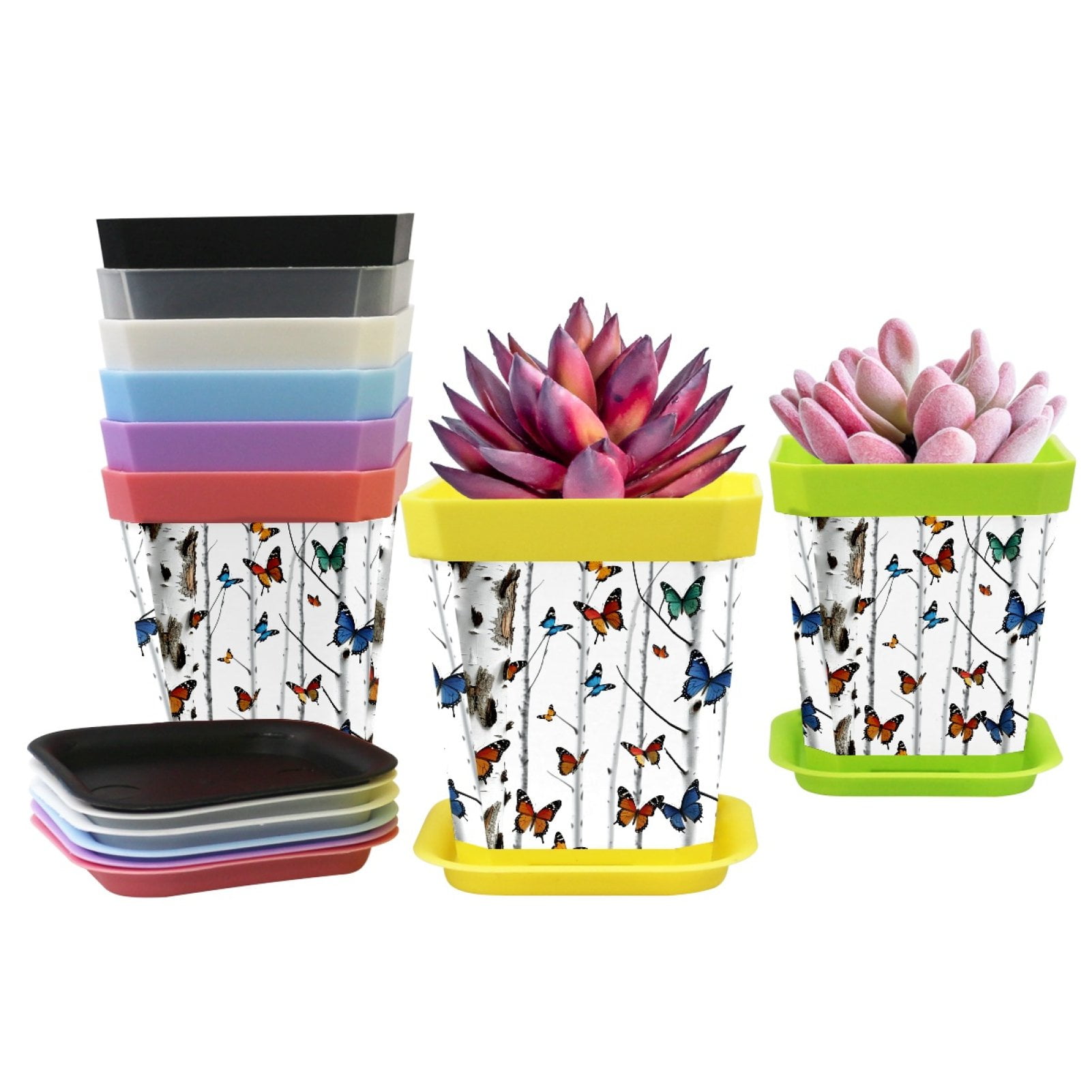 8 Pcs Decorative Flower Pots,White Birch Butterfly Small Plastic Plant ...