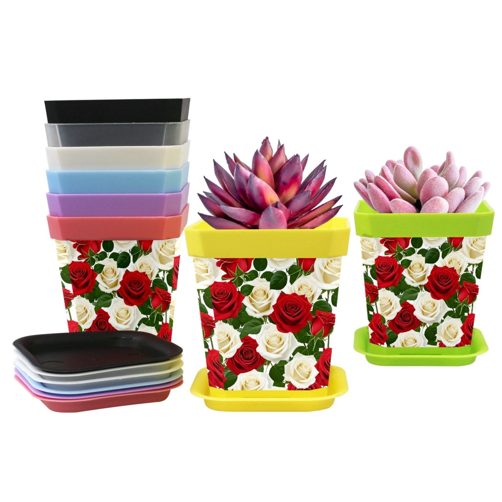 8 Pcs Decorative Flower Pots,White Red Rose Floral Small Plastic Plant ...