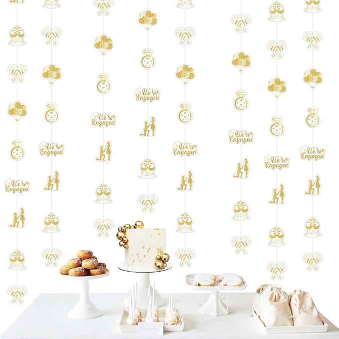 8 PCS Engagement Party Streamers Gold and White, We’re Engaged Hanging ...