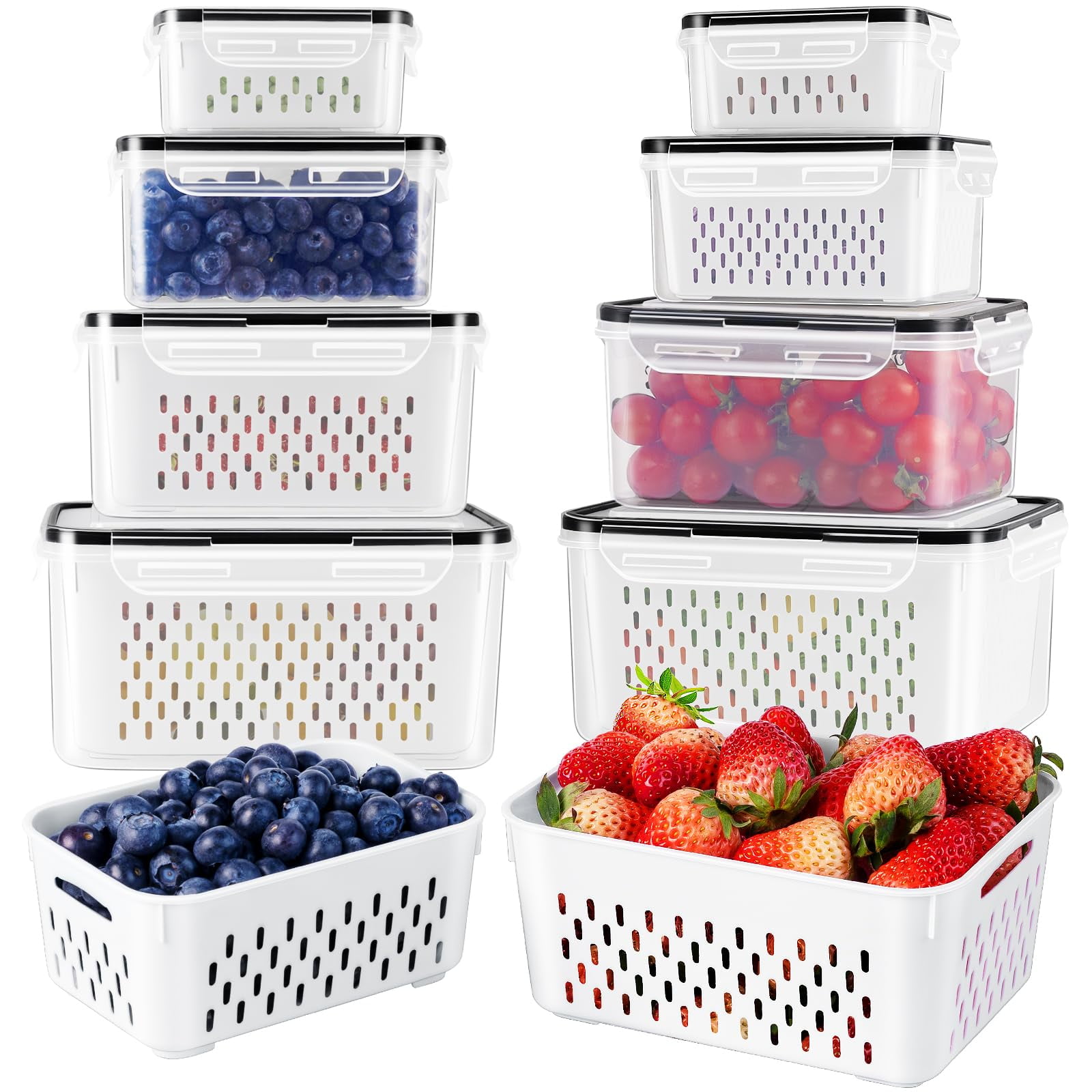 8 PCS Fruit Storage Containers for Fridge with Removable Colander ...