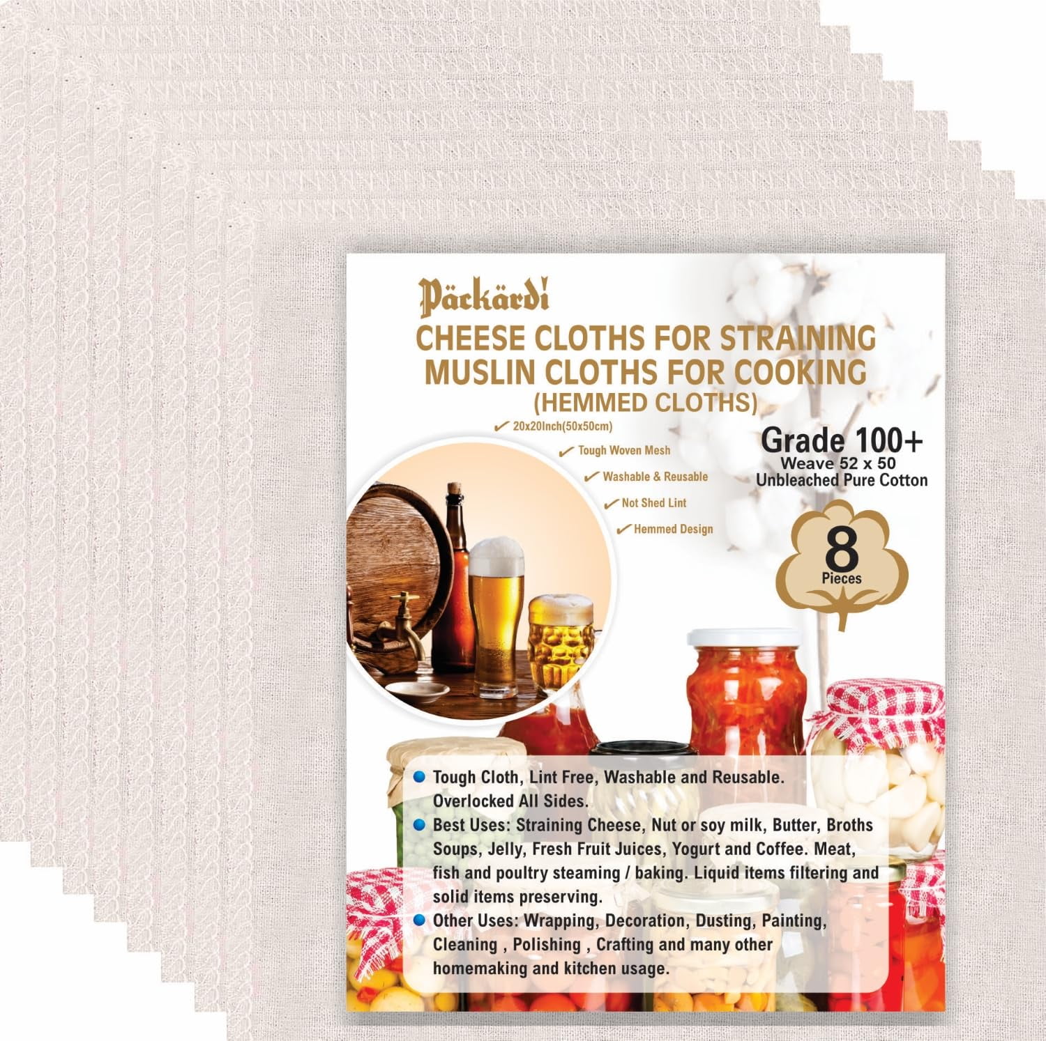 8 PCS Grade 100+ Cheese Cloths 20x20 Inch, Reusable and Washable ...