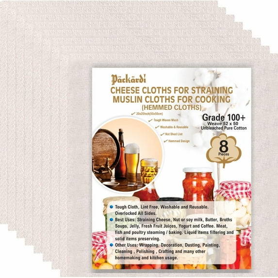 8 PCS Grade 100+ Cheese Cloths 20x20 Inch, Reusable and Washable ...