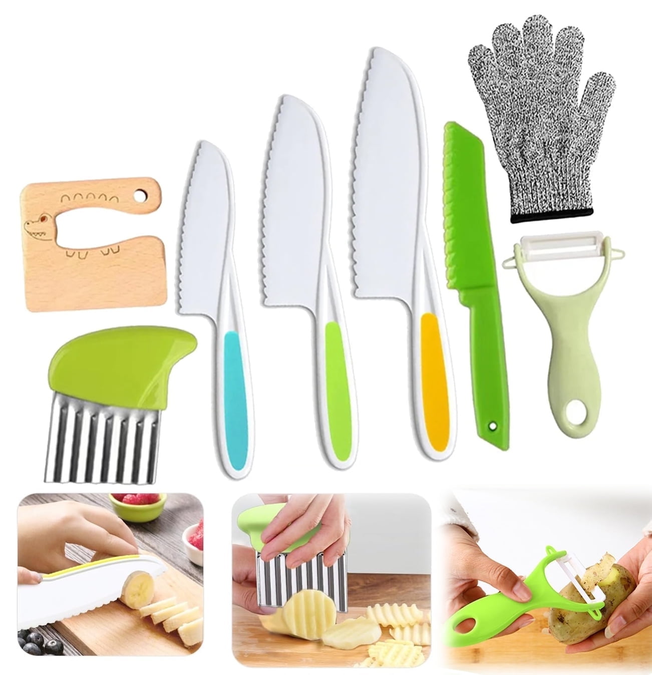 8 PCS Kids Knifes Set for Real Cooking, Wooden Kids Kitchen Knife ...