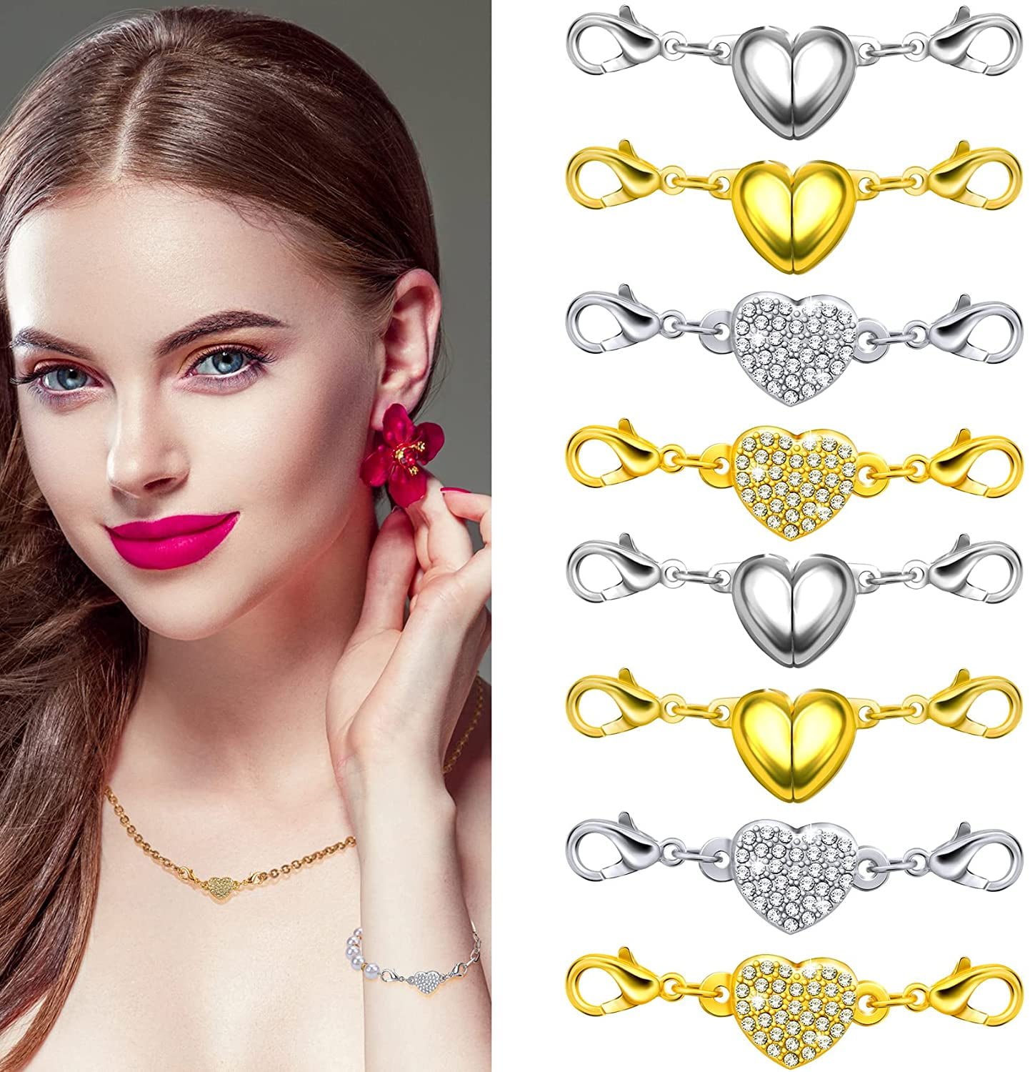 8 PCS Magnetic Heart Rhinestone Clasps, Magnet Chain Closures Self ...