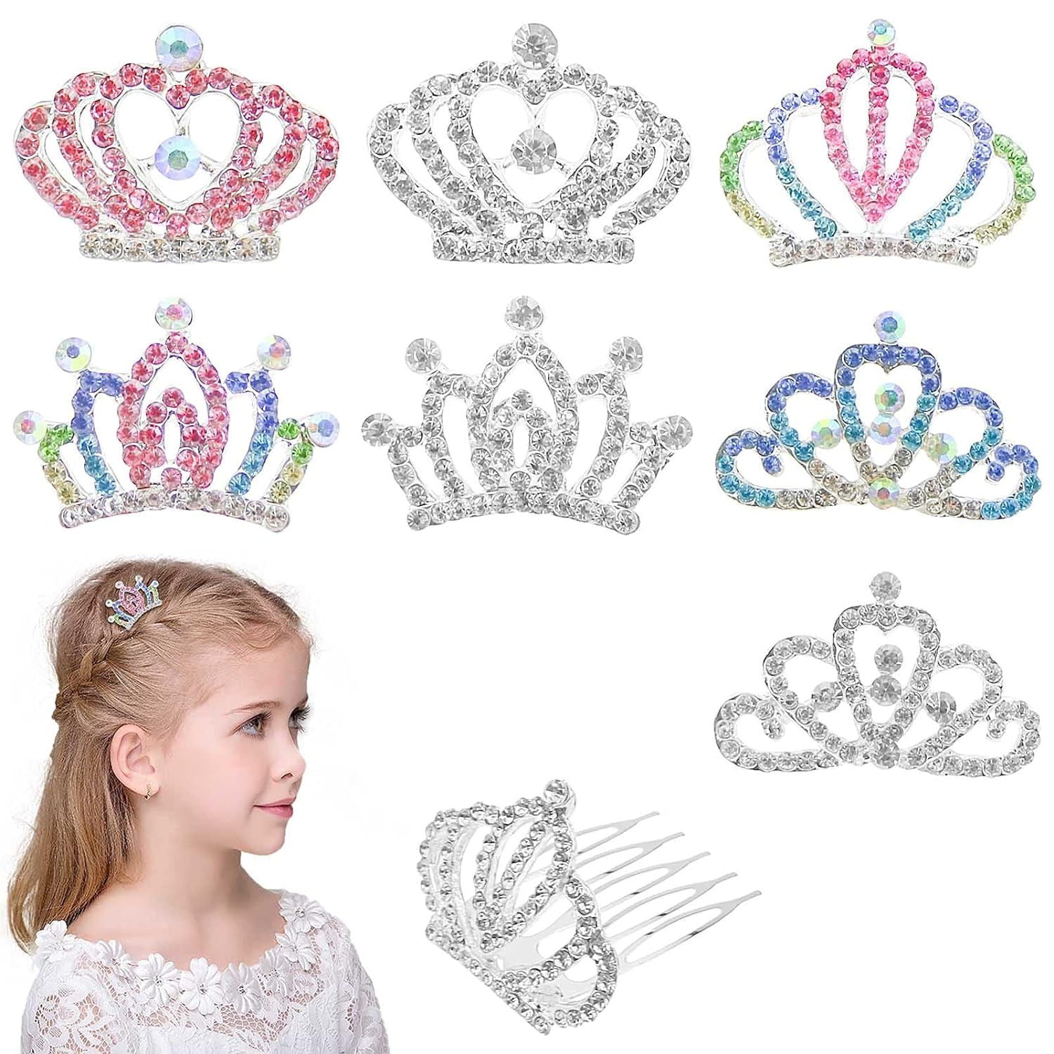 8 PCS Mini Crystal Rhinestone Princess Crown Hair Comb, Shiny ...