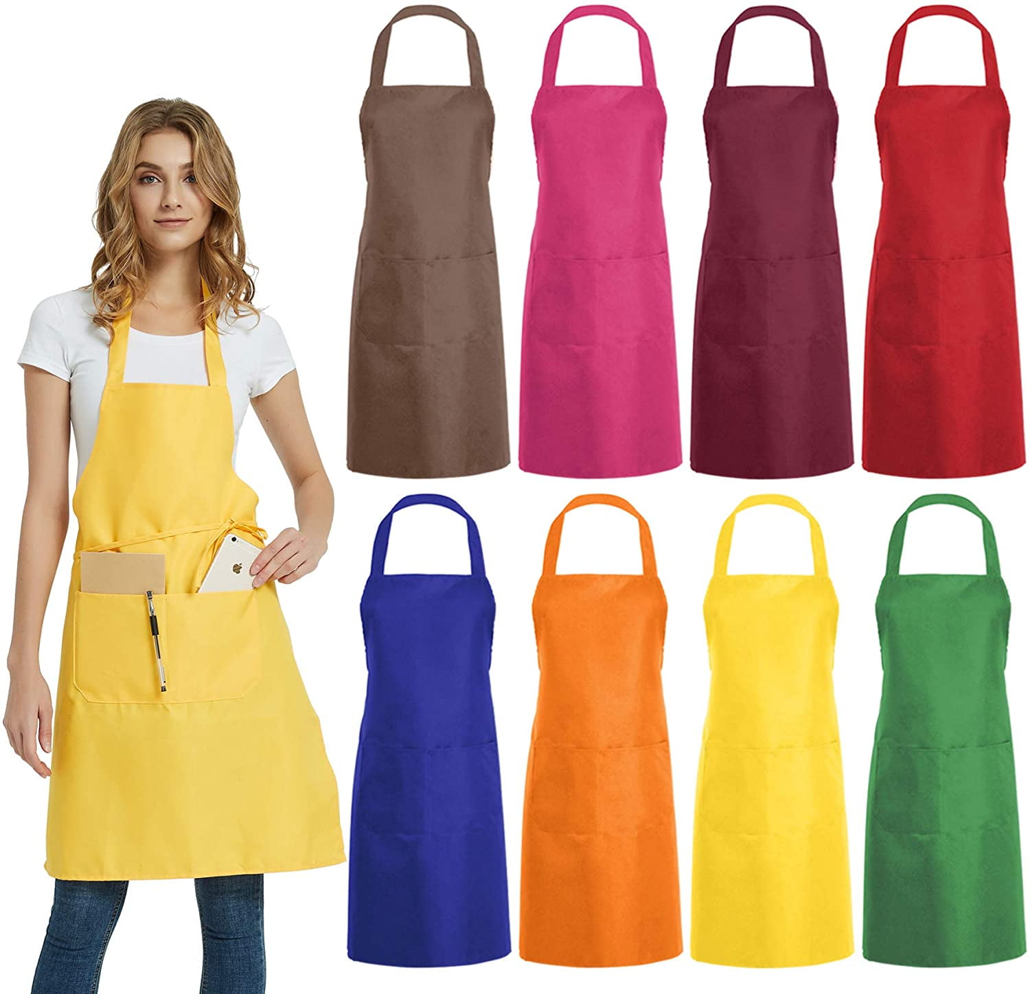 8 PCS Plain Bib Aprons Bulk - Mixed Color Commercial Apron with 2 ...