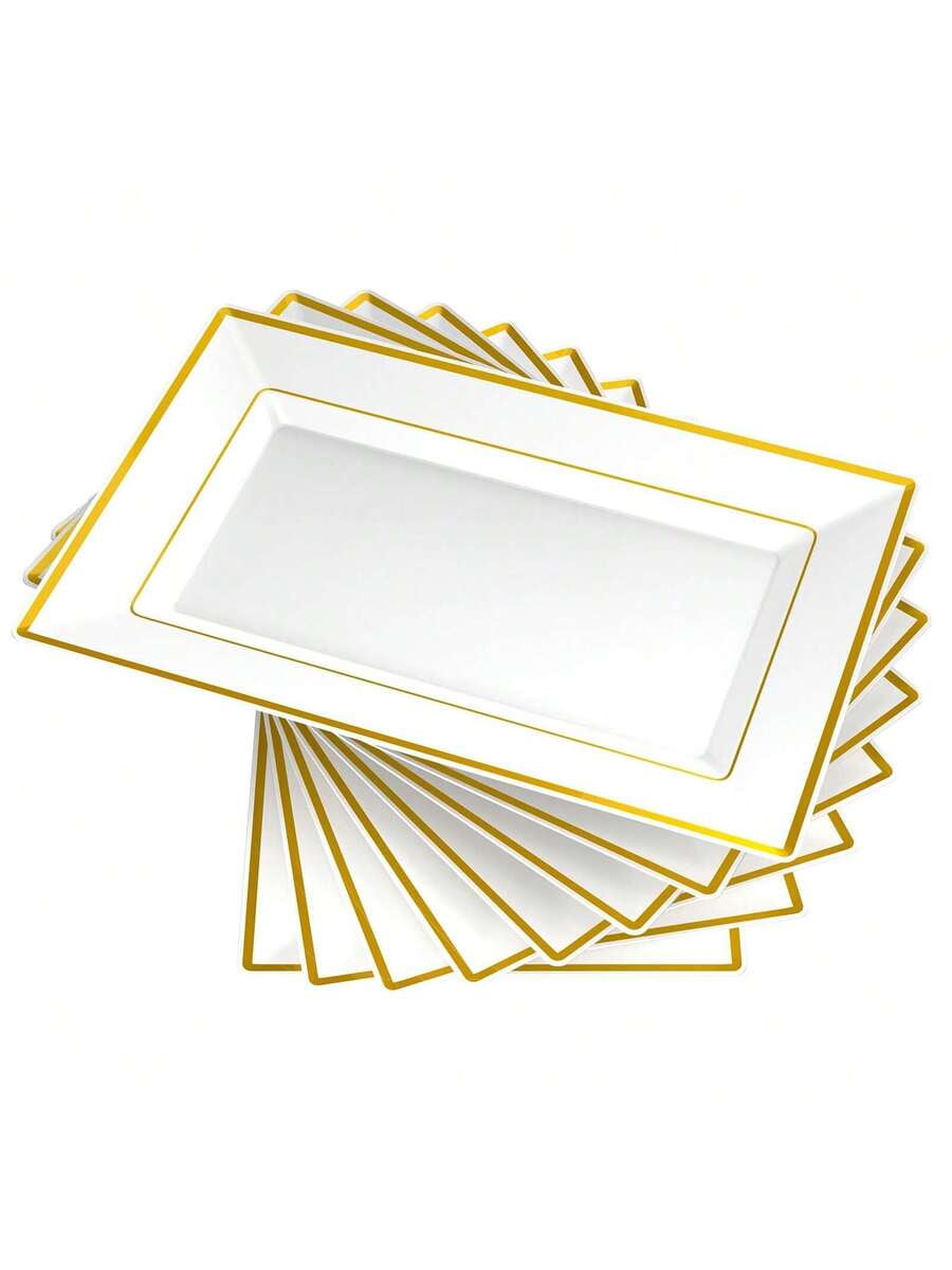 8 PCS Plastic Serving Trays, White And Gold Rim Plastic Serving ...