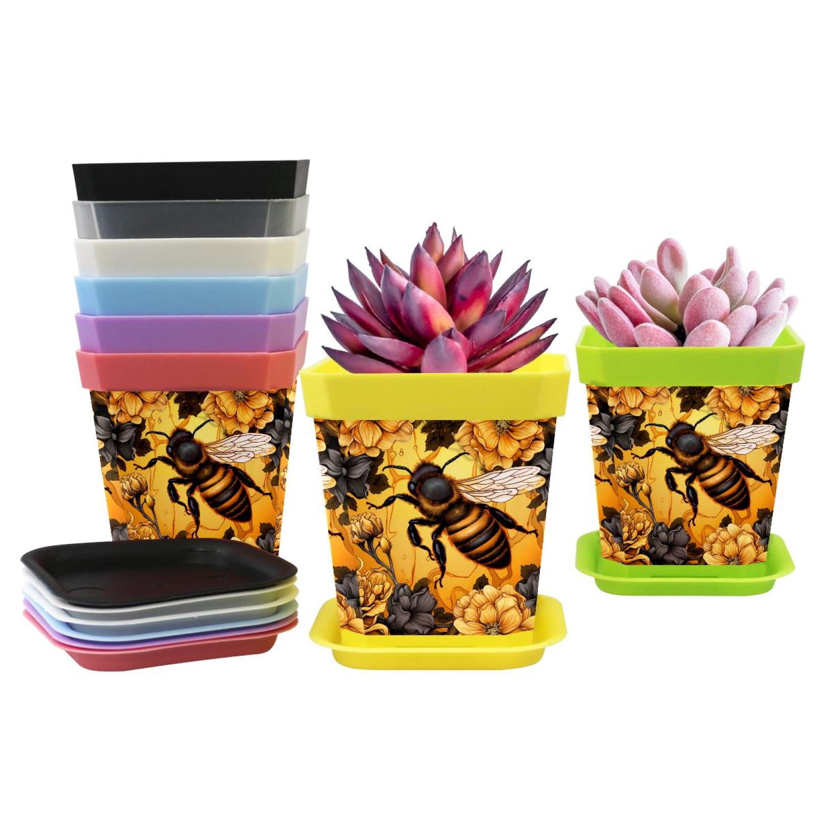 8 PCS Pots for Plants Bumble Bee Flying on Flower Plastic Planters with ...