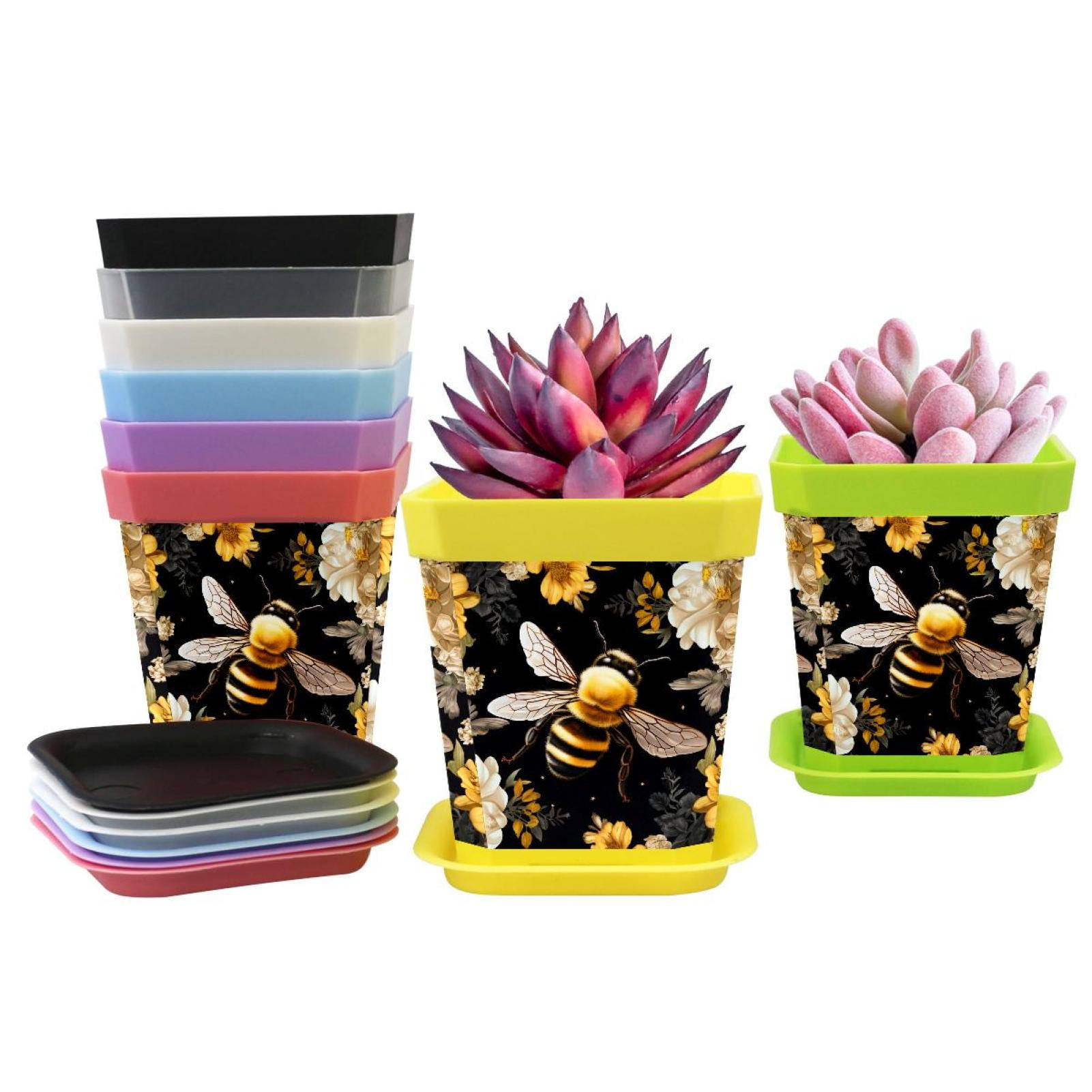8 PCS Pots for Plants Bumble Bee Flying on Flower Plastic Planters with ...