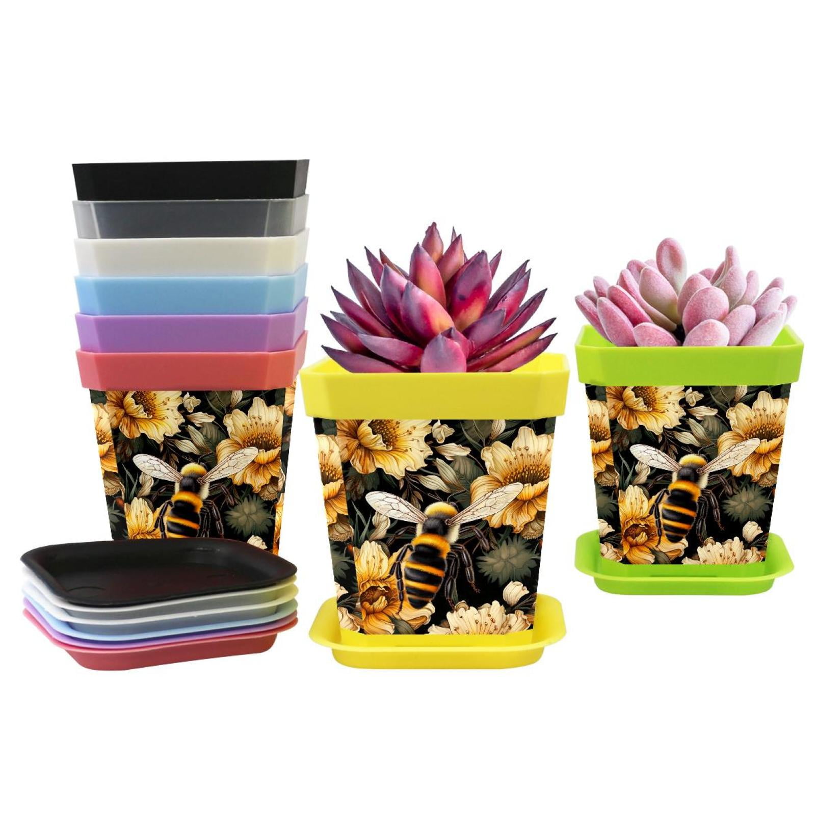 8 PCS Pots for Plants Bumble Bee Flying on Flower Plastic Planters with ...