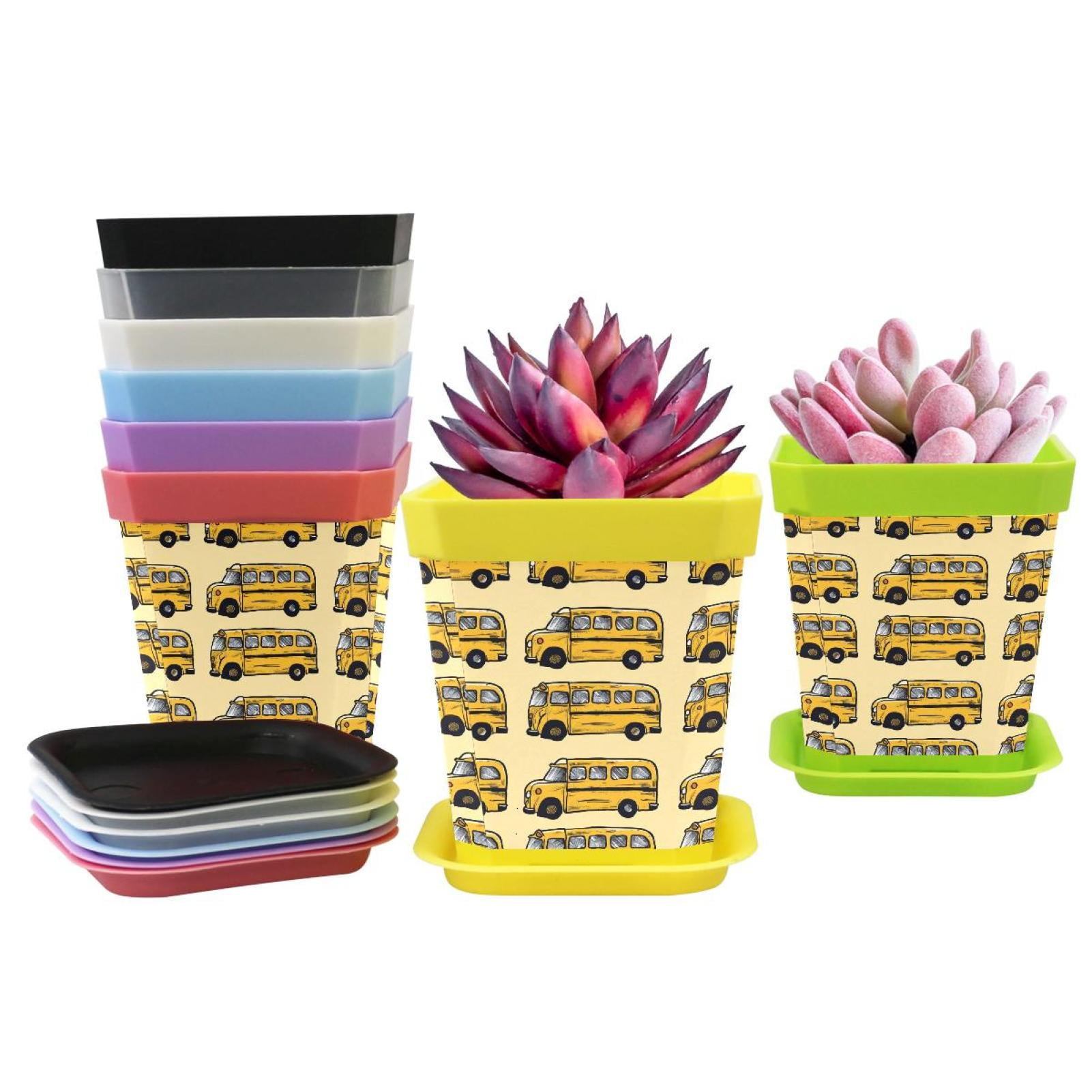 8 PCS Pots for Plants Hand Drawn School Bus Plastic Planters with ...