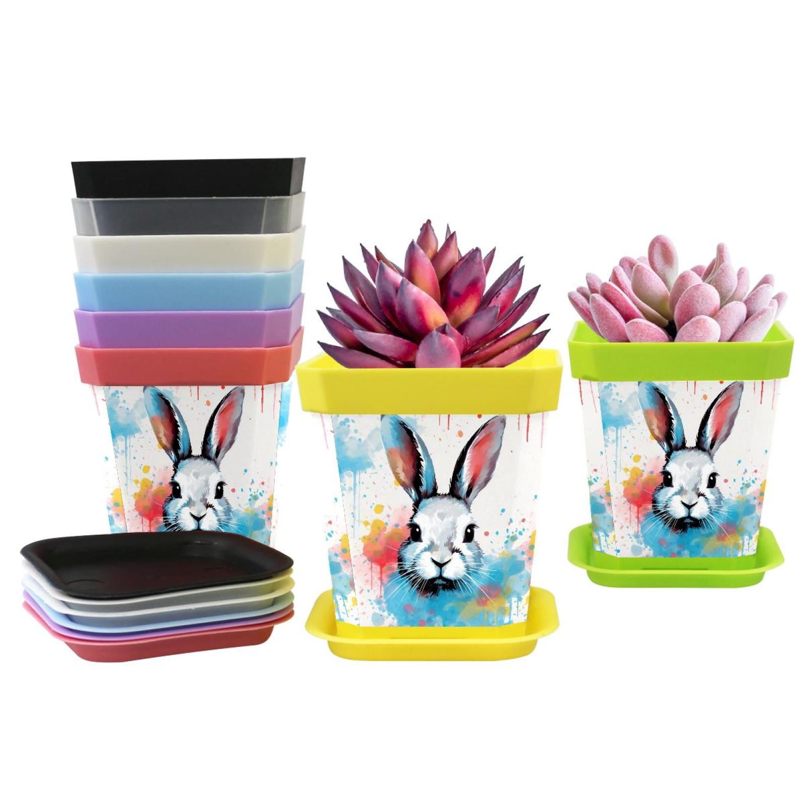 8 PCS Pots for Plants Watercolor Rabbit Plastic Planters with Drainage ...