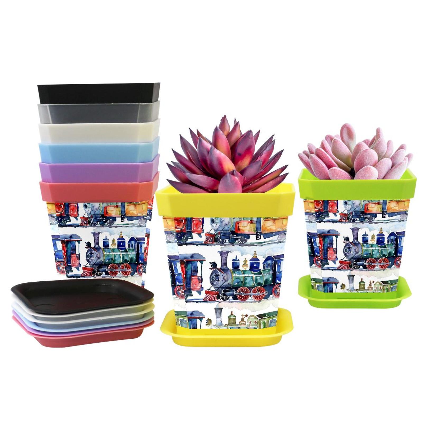 8 PCS Pots for Plants Watercolor Retro Trains Plastic Planters with ...