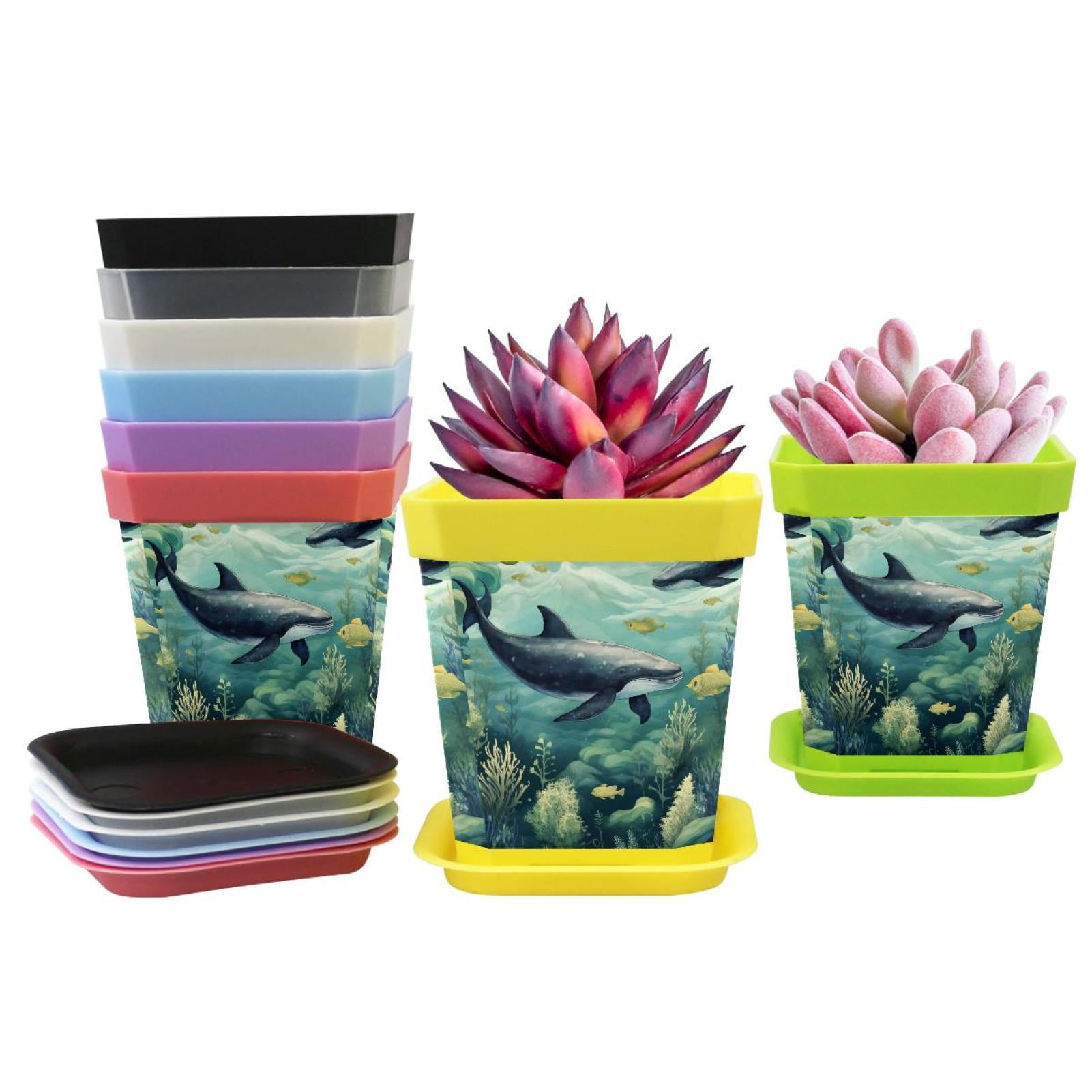 8 PCS Pots for Plants Whale in Ocean Plastic Planters with Drainage Holes and Tray, Plant Pots ...
