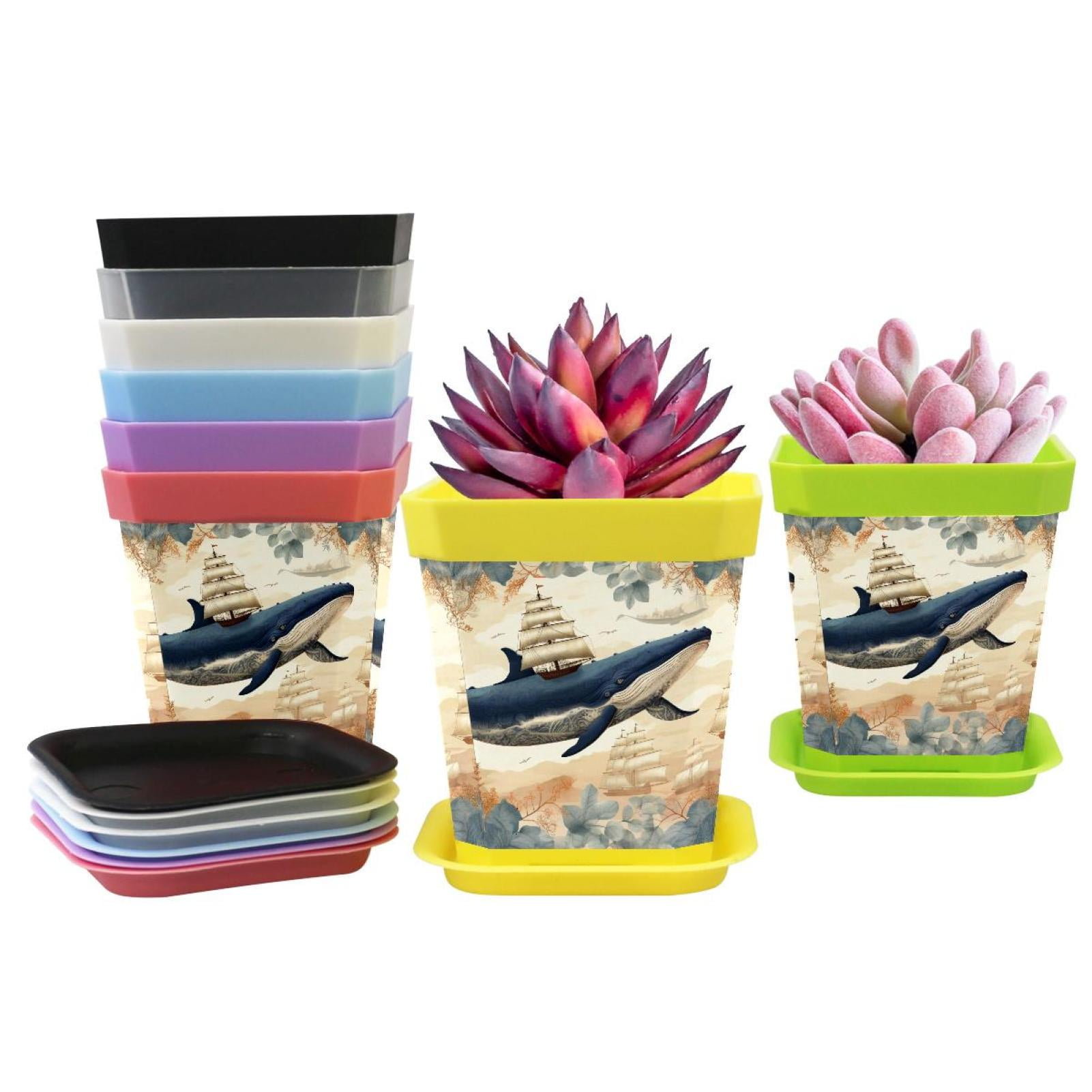 8 PCS Pots for Plants Whale in Ocean Plastic Planters with Drainage Holes and Tray, Plant Pots ...