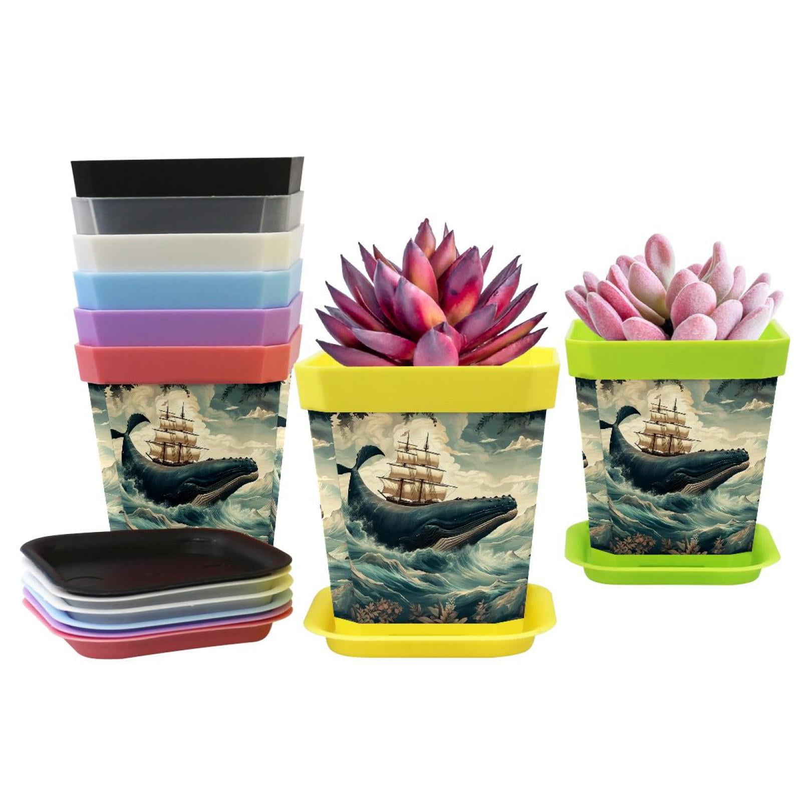 8 PCS Pots for Plants Whale in Ocean Plastic Planters with Drainage Holes and Tray, Plant Pots ...