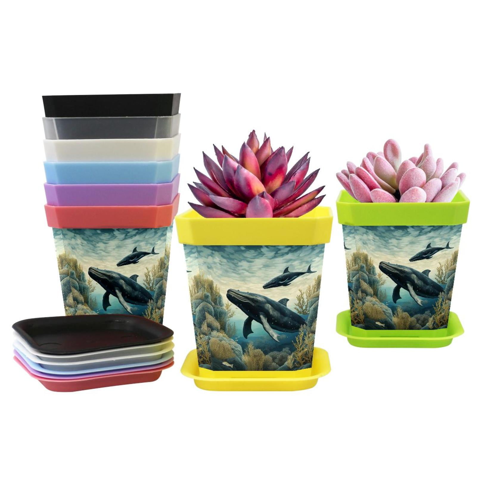 8 PCS Pots for Plants Whale in Ocean Plastic Planters with Drainage Holes and Tray, Plant Pots ...