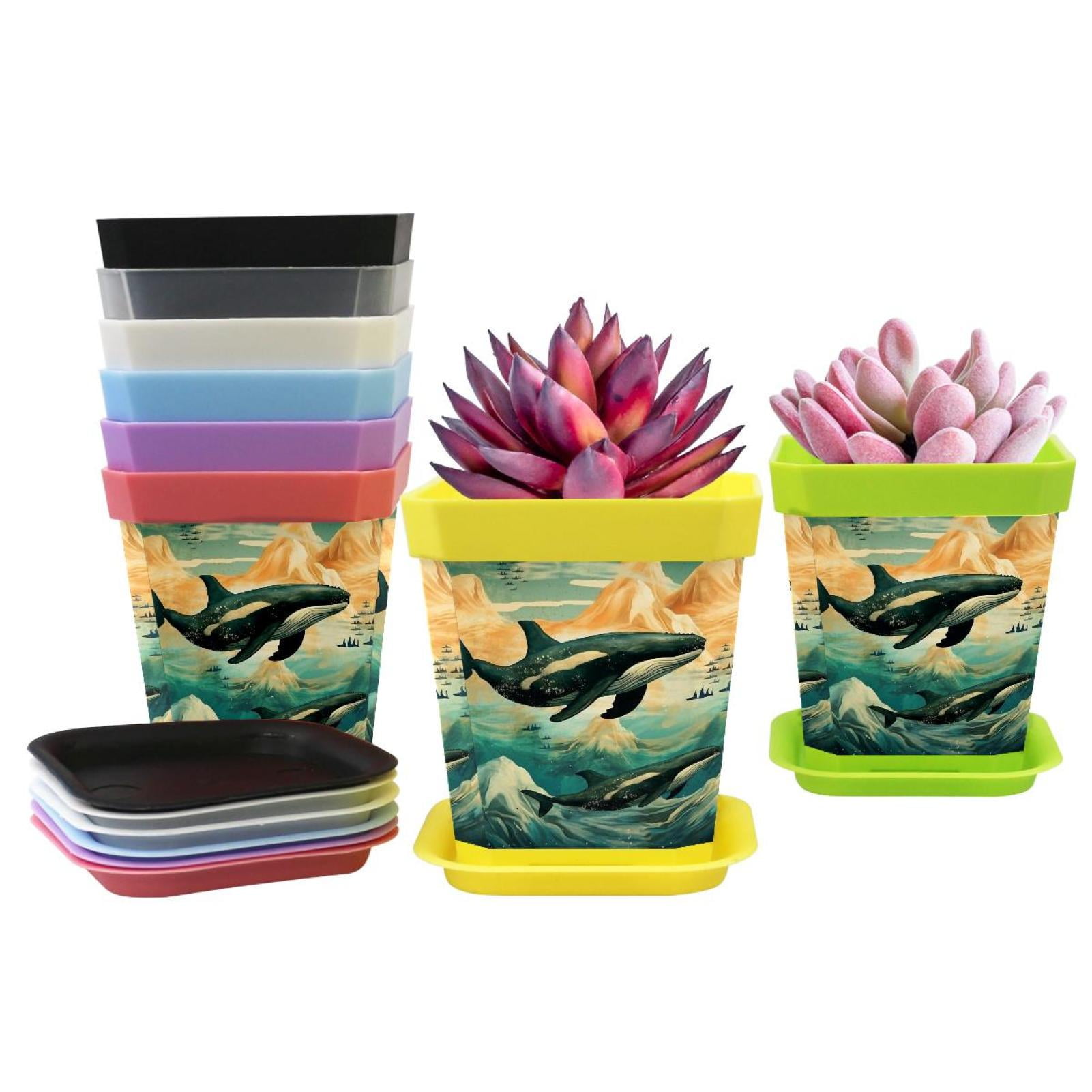 8 PCS Pots for Plants Whale in Ocean Plastic Planters with Drainage Holes and Tray, Plant Pots ...