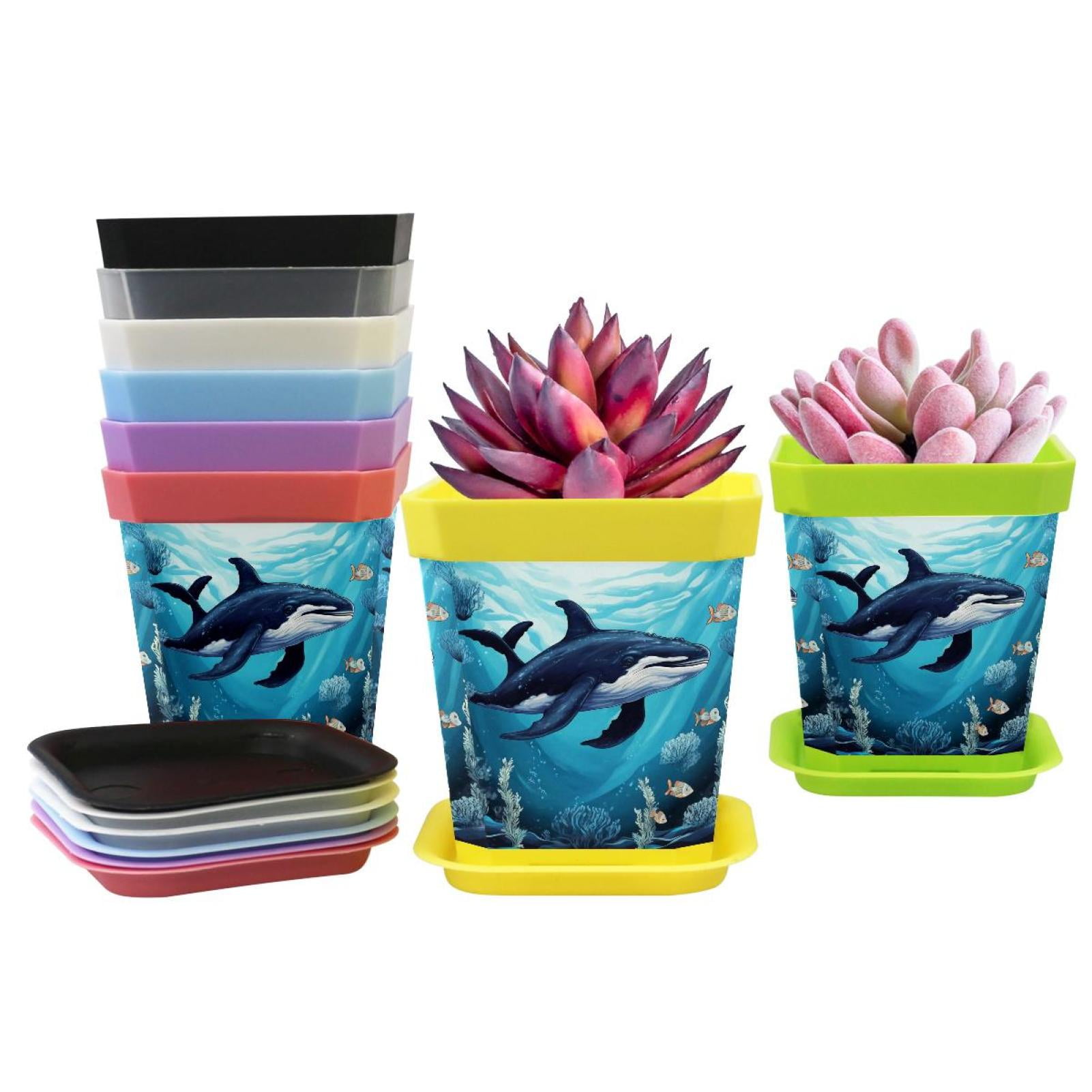 8 PCS Pots for Plants Whale in Ocean Plastic Planters with Drainage Holes and Tray, Plant Pots ...