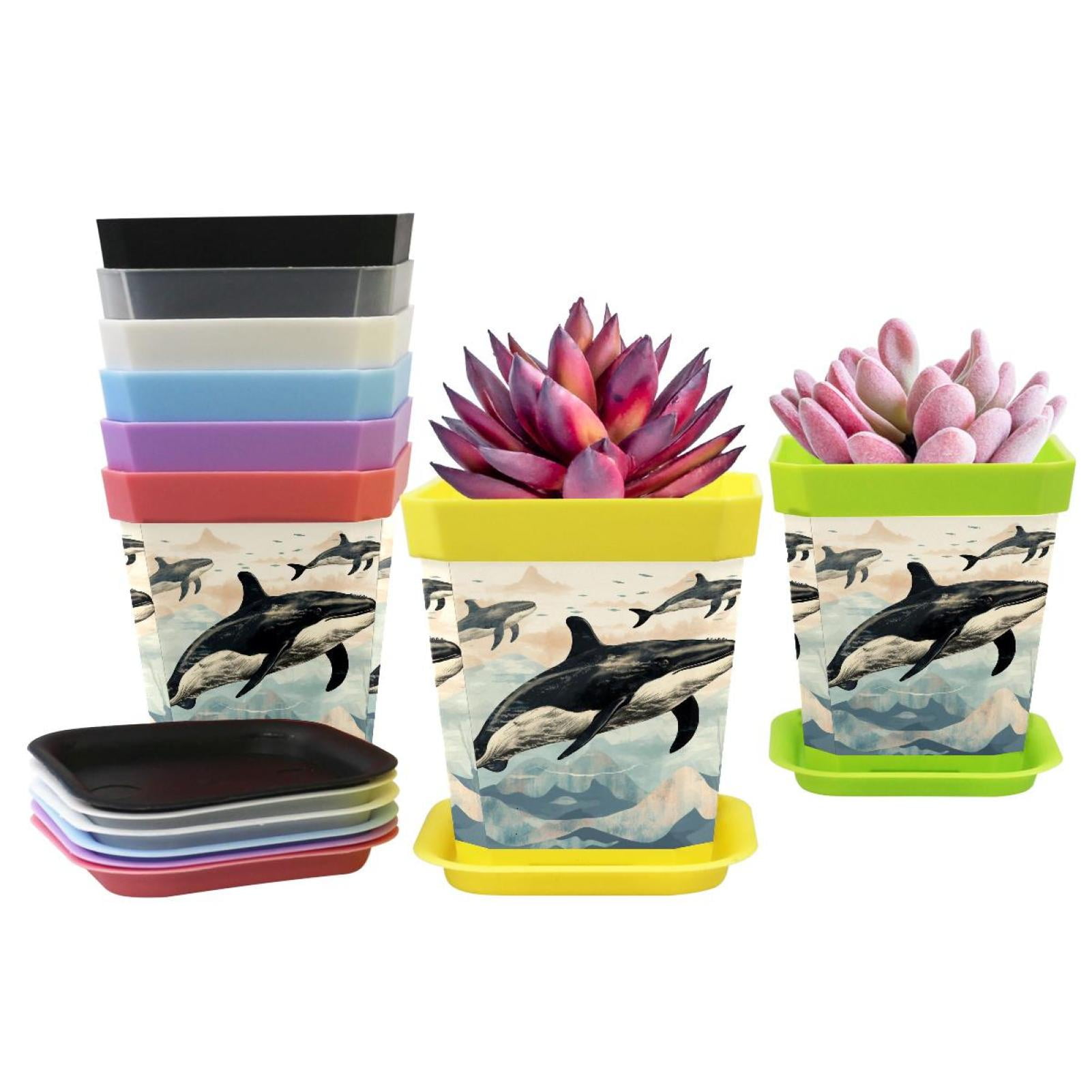 8 PCS Pots for Plants Whale in Ocean Plastic Planters with Drainage Holes and Tray, Plant Pots ...