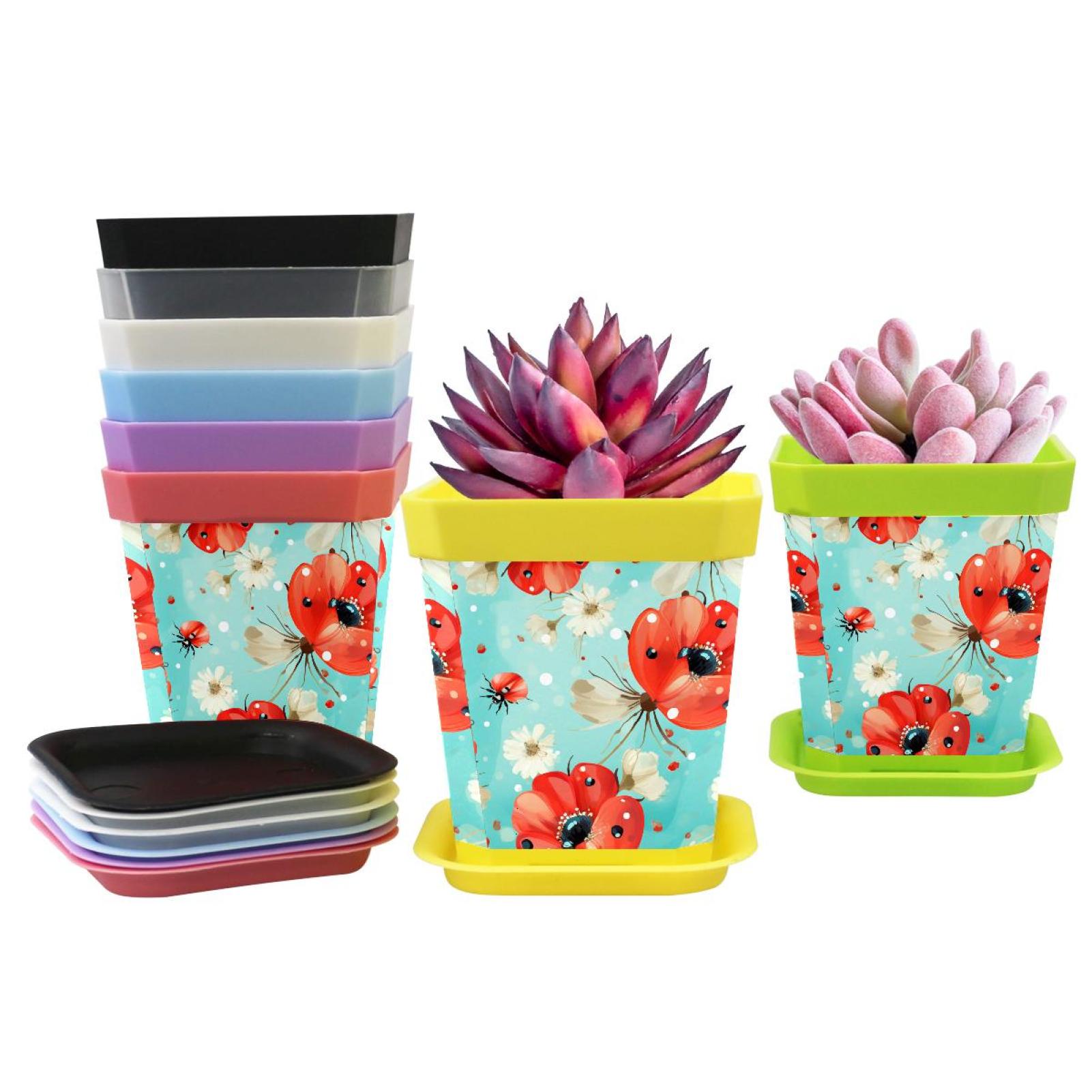 8 PCS Pots for Plants White Floral Red Poppy Ladybug Plastic Planters ...