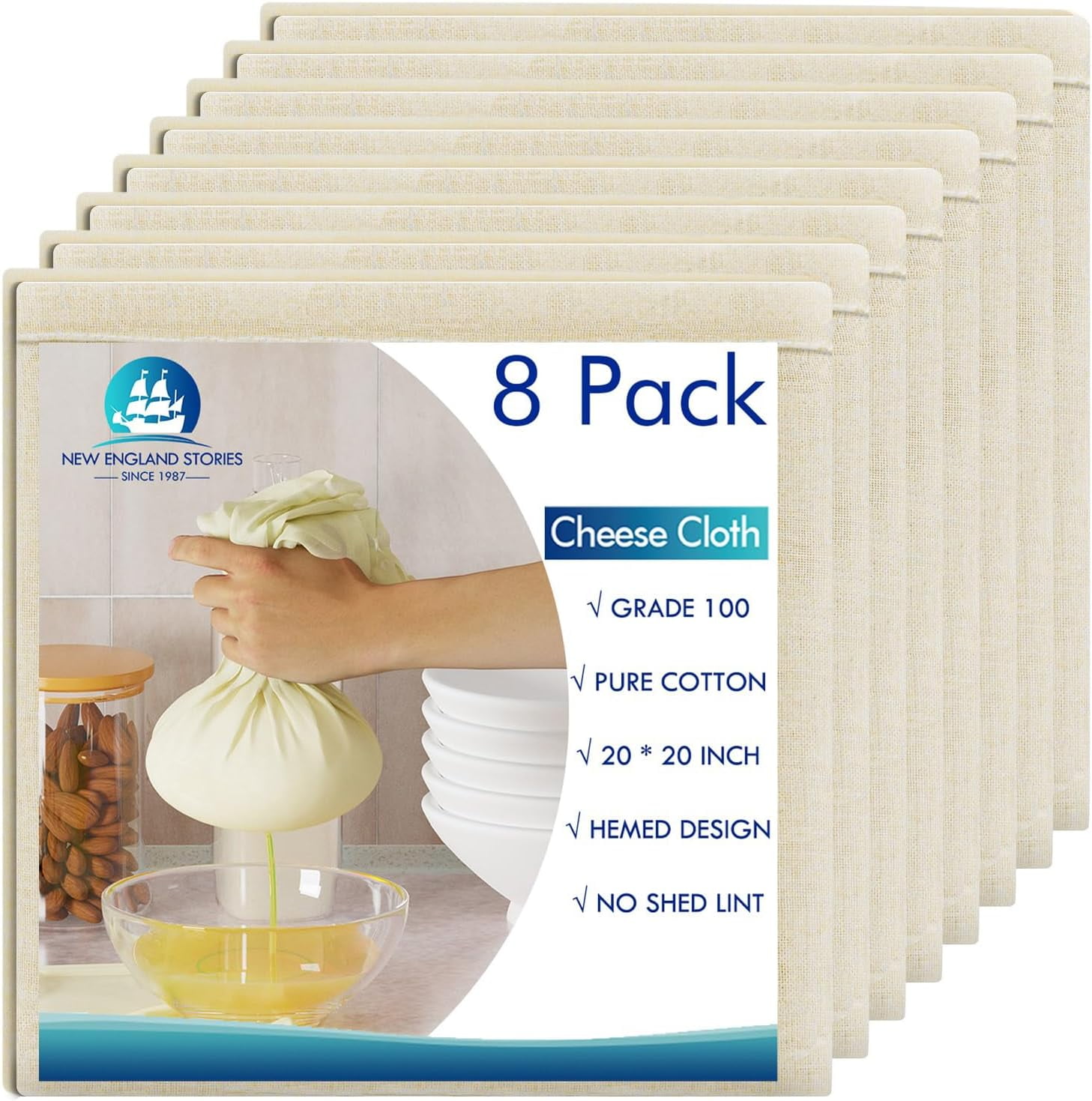 8 PCS Reusable Cheesecloth, Grade 100, 20x20 Inch Hemmed Cheese Cloth ...