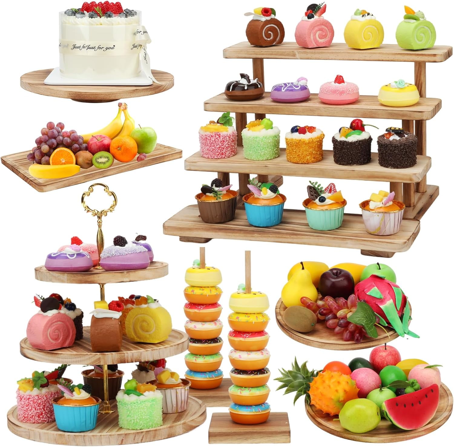 8 PCS Rustic Wooden Cake Stands Set Tiered Display Dessert Serving ...