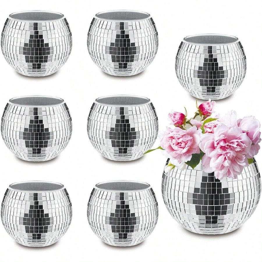 8 PCS Sier Disco Ball VaseGlass Disco Ball Planter Candle Holder Vase Bulk Mirror Disco Ball ...