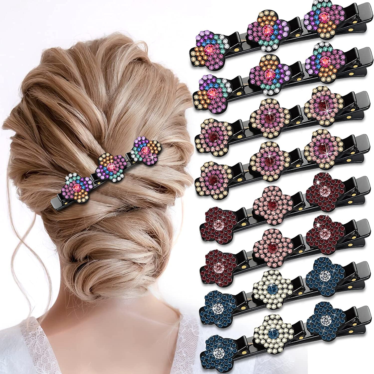 8 PCS Sparkling Crystal Stone Braided Hair Clips, Triple Hair Clips for ...