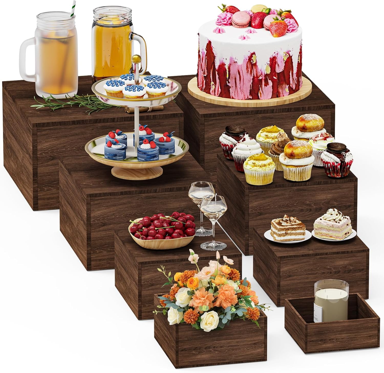 8 PCS Wooden Buffet Risers, Rustic Wood Cake Cupcake Stands, Square ...