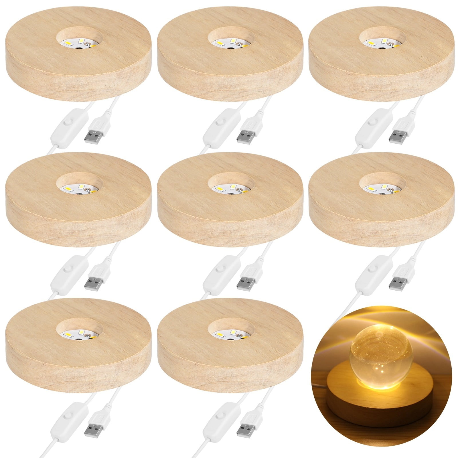 8 PCS Wooden LED Light Bases, 3.9 Inch Diameter, 0.8 Inch Height, USB ...