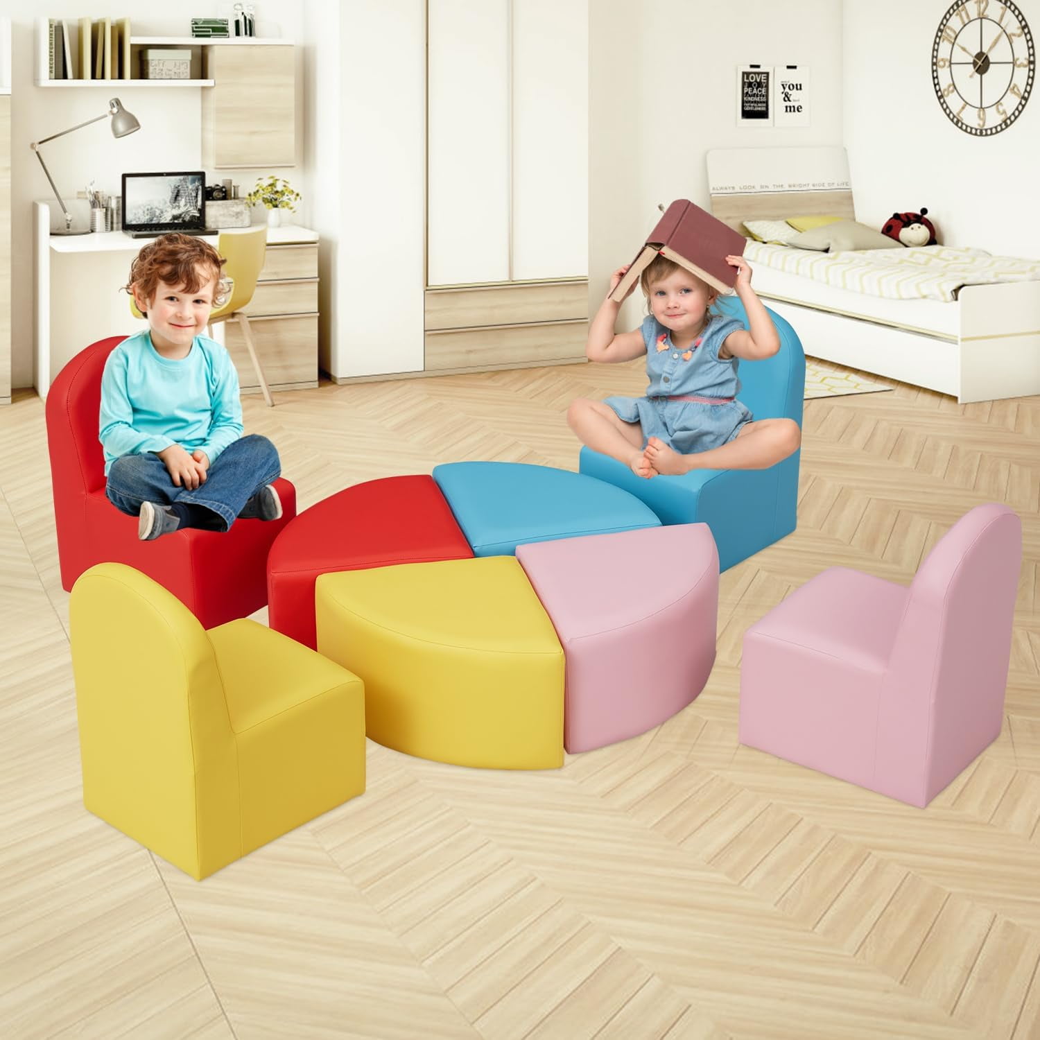 8 PCs Kids Sofa Seating Set - Colorful Stools Cartoon Leather Chair for ...
