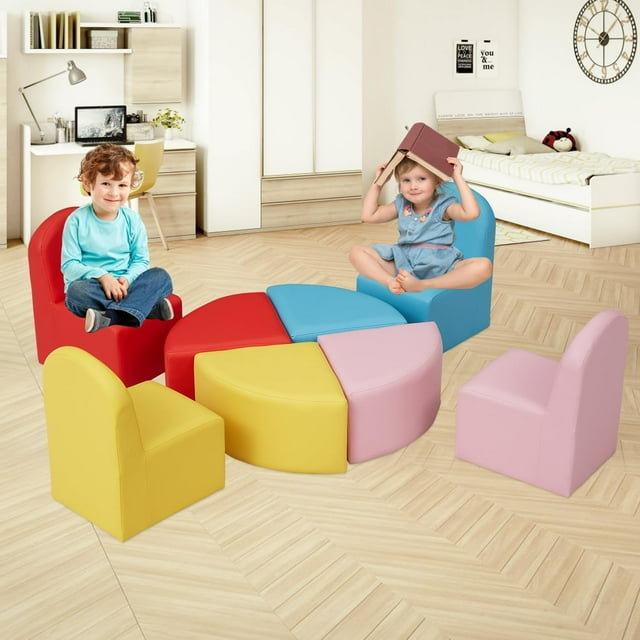 8 PCs Kids Sofa Seating Set - Colorful Stools Cartoon Leather Chair for ...
